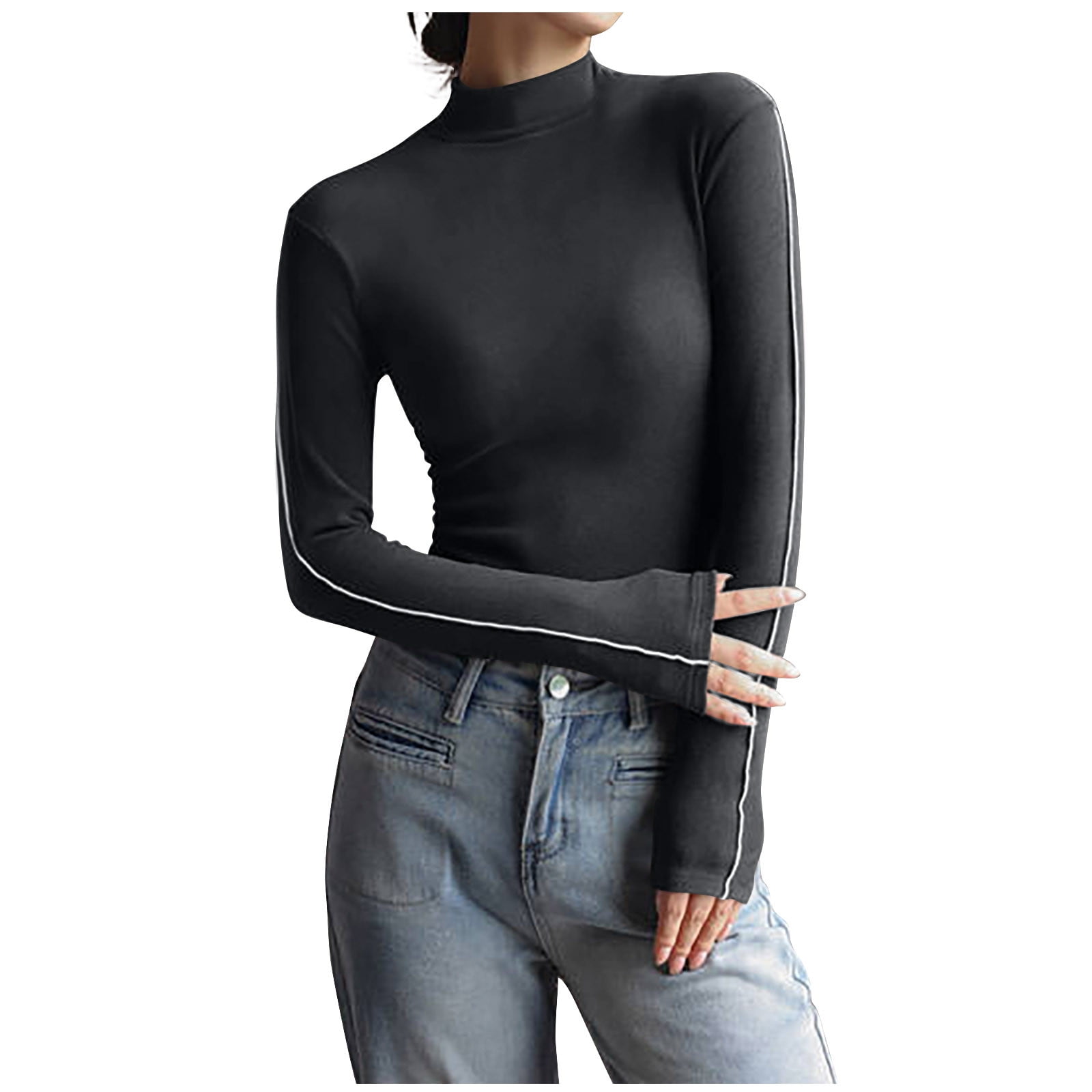 Women's Basic Mock Turtle Neck Shirt Slim Fitted Long Sleeve Pullovers ...