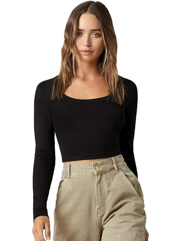 A2Y Women's Basic Solid Stretchable Scoop Neck Long Sleeve Crop Top Heather Grey L - Walmart.com