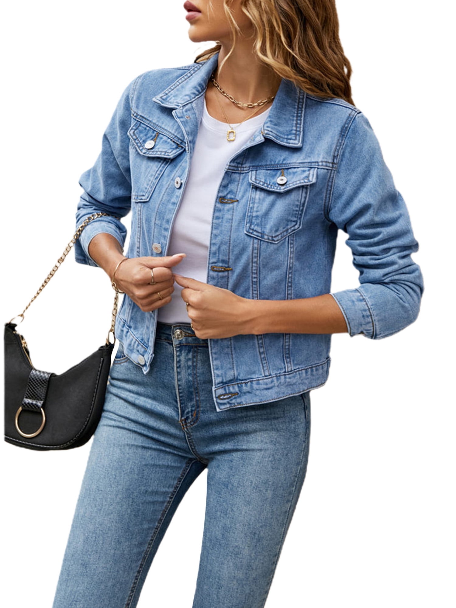 Gueuusu Women's Solid Color Denim Jacket, Long Sleeve, Button Down ...
