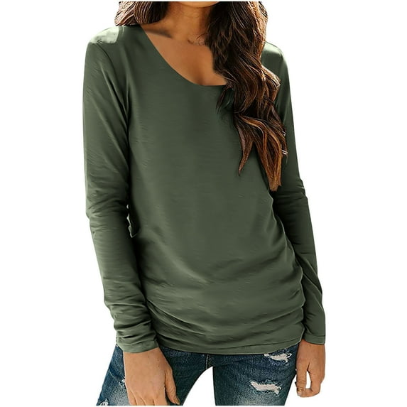 Women's Basic Tops Spring Fall Casual Loose Solid Color U-Neck Long ...