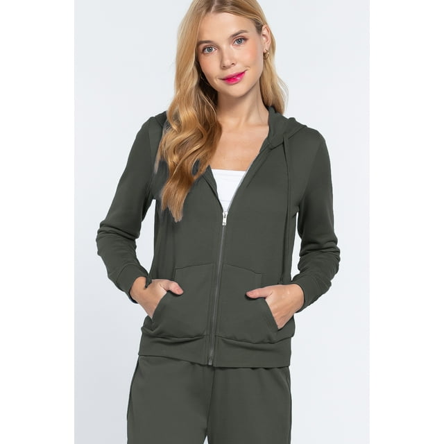 Womens Basic Zip Up Fleece Hoodie Jacket Lightweight W Pockets