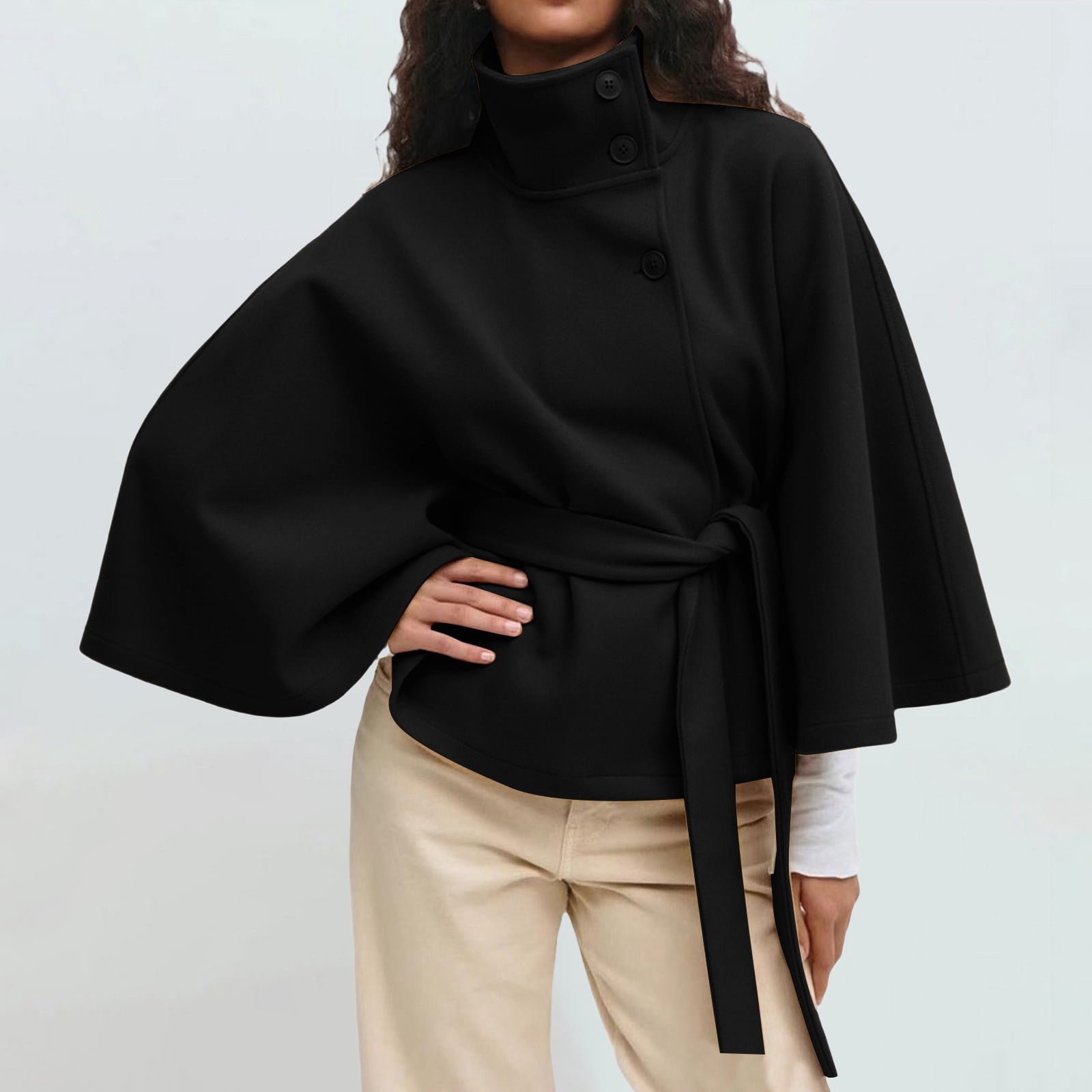Women's Batwing Sleeve Cape Coat, Cropped Wool Blend Poncho, Belted ...