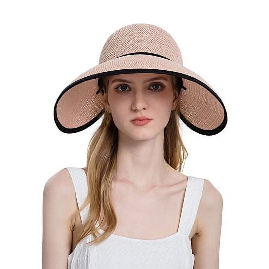 Women's Beach Hat Straw Sun Visor Hats Wide Brim Ponytail UV UPF Beach Cap Roll Up Packable ...