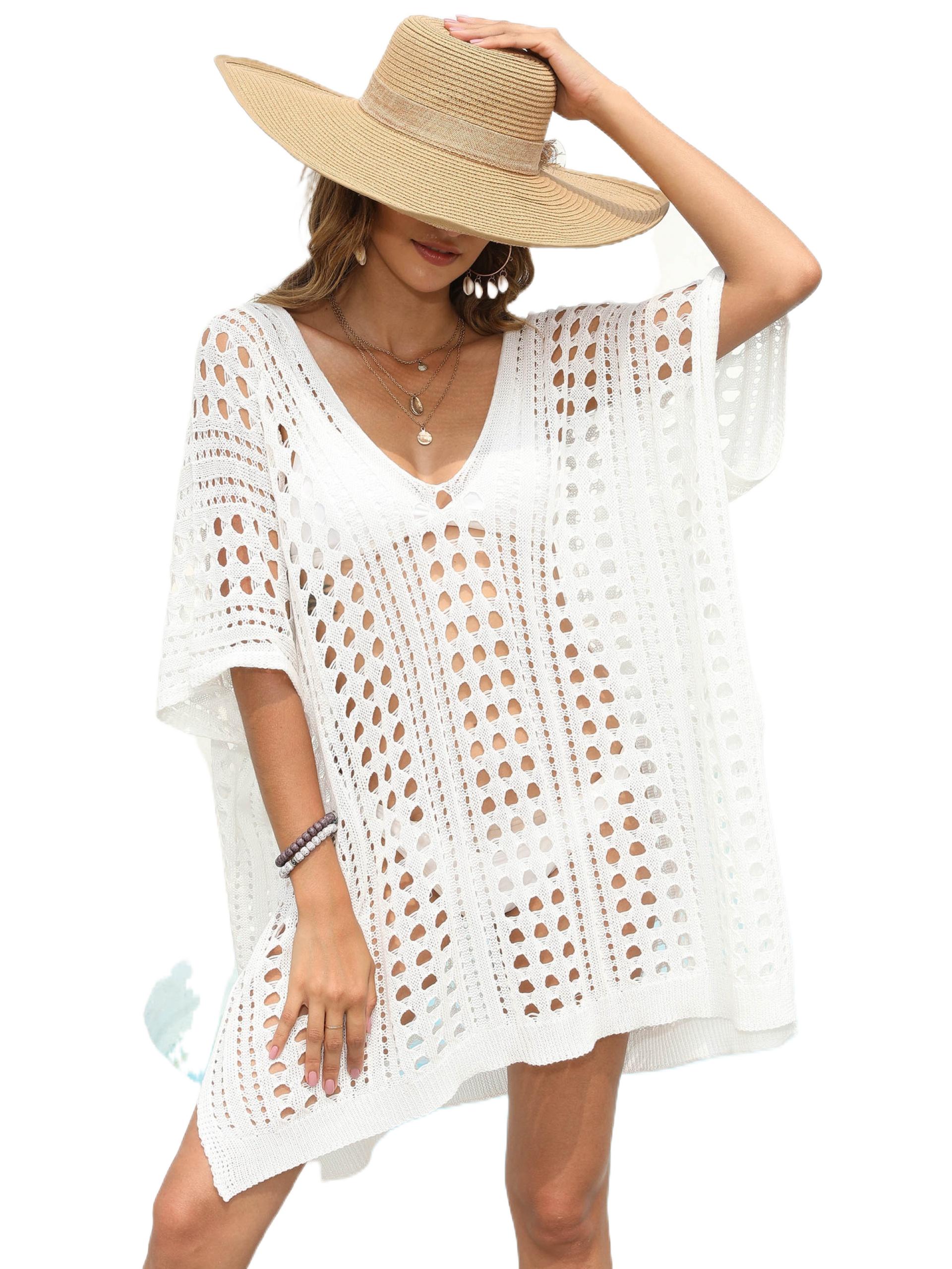 sunsanly Women Beach Bikini Cover Up O-Neck Half Sleeve Fringed Hollow ...