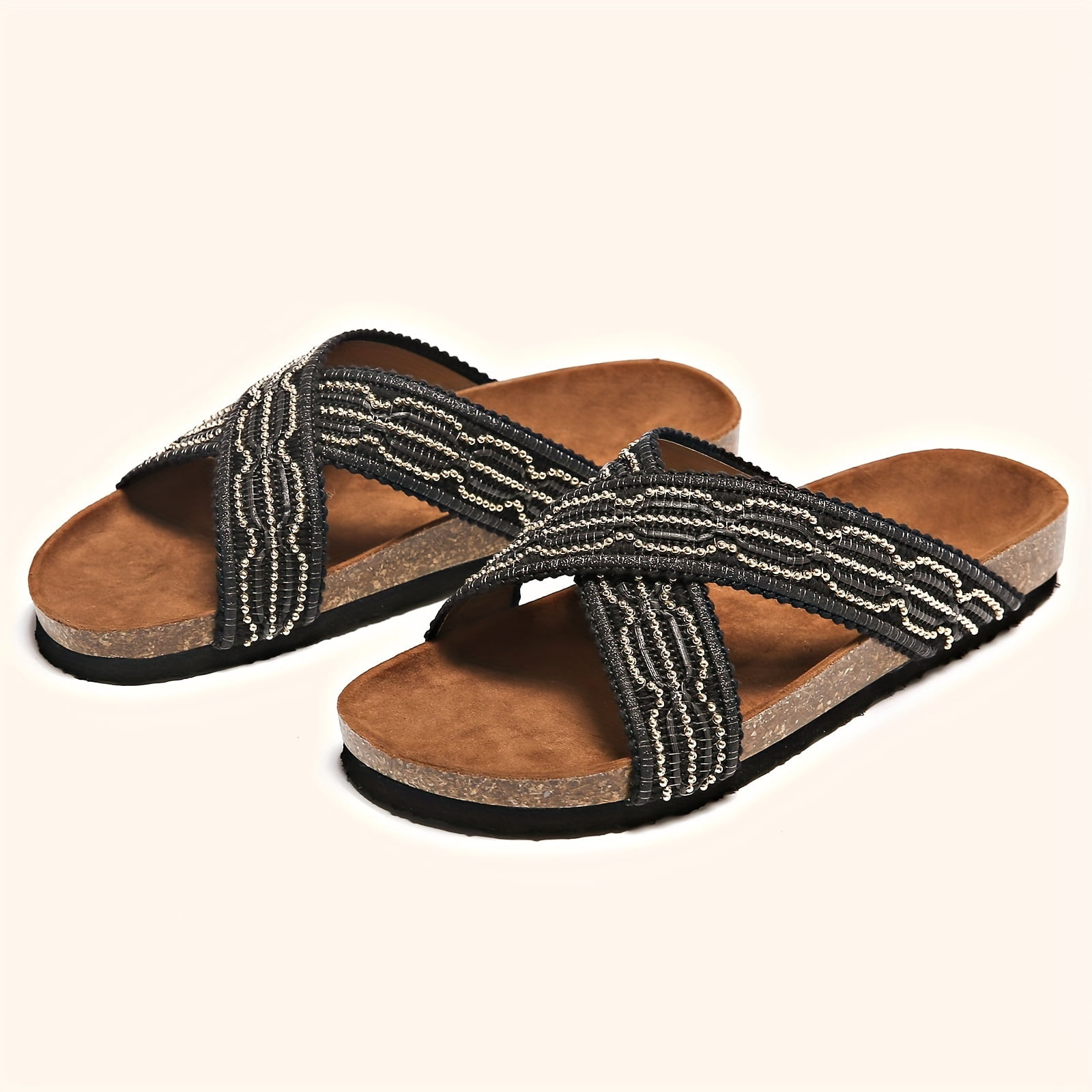 Women's Beaded Decor Sandals, Slip On Platform Soft Sole Casual Slides ...