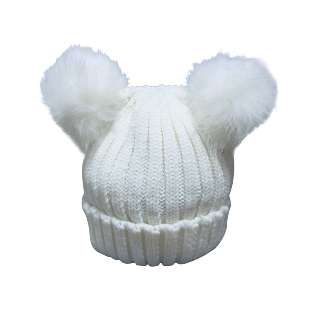Women's Beanie Hat with Chunky Knit and Double Faux Fur Pom Pom Ears 1 ...