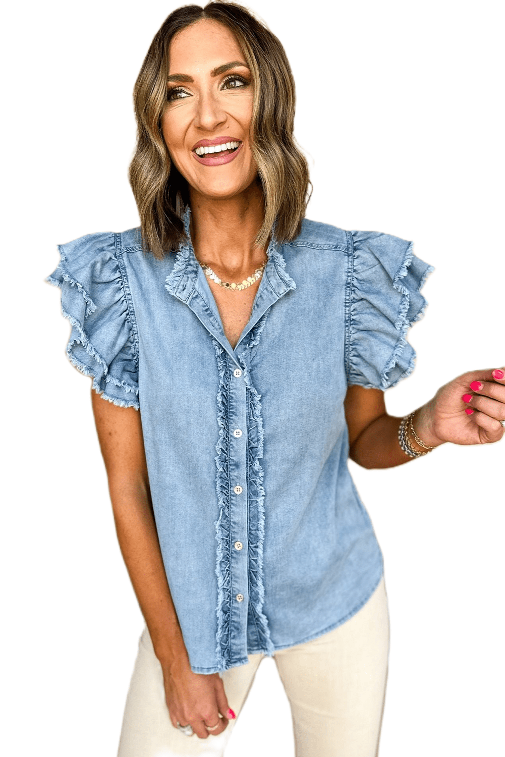 Women's Beau Blue Button Front Ruffled Flutter Frayed Denim Top ...