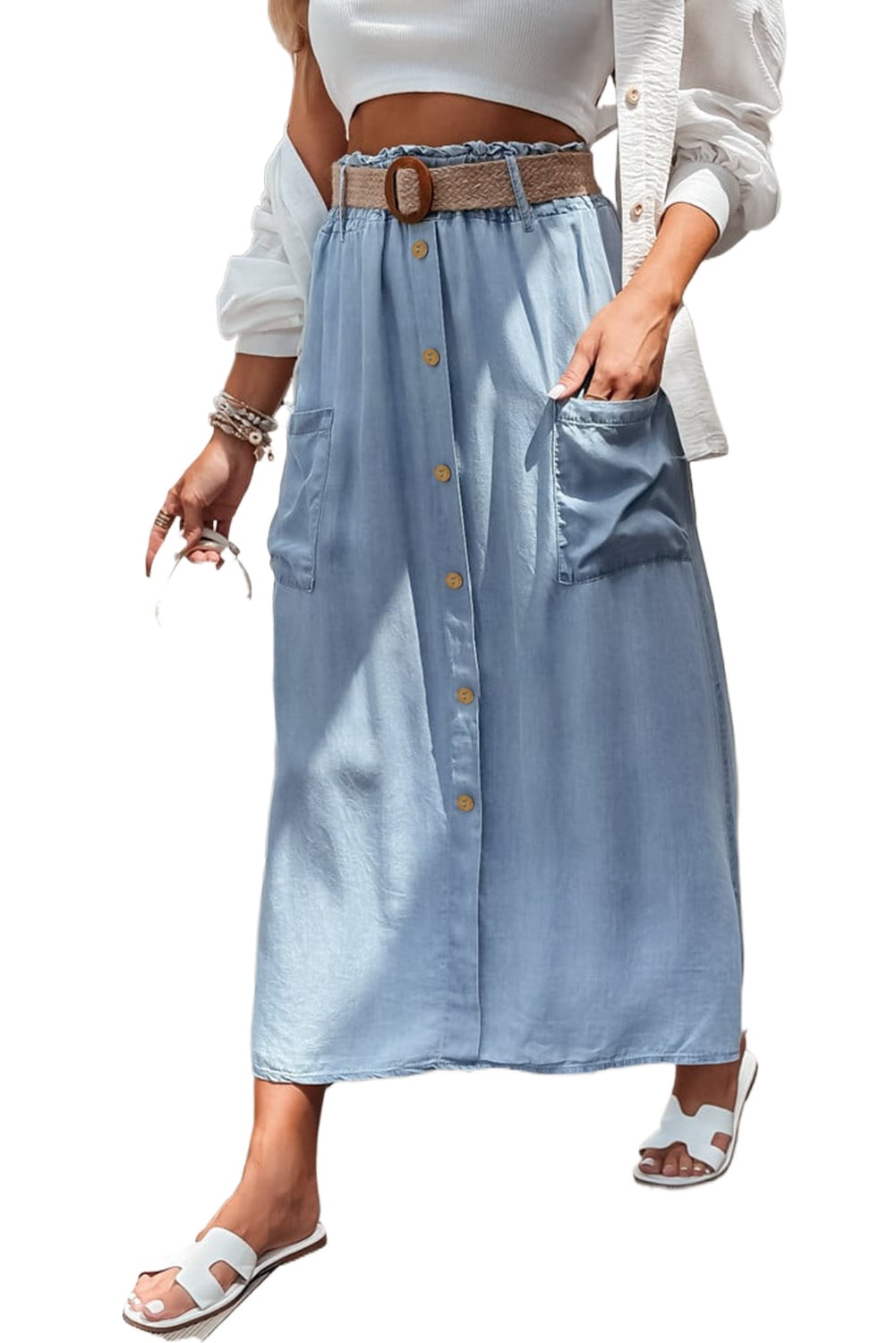 Women's Beau Blue High Waist Denim Maxi Skirt with Button Front and ...