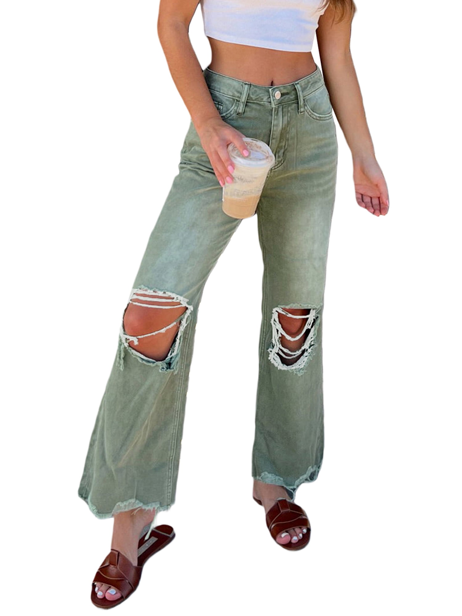 Women's Bell Bottom Jeans Classic High Waisted Flared Jean Pants Ripped ...