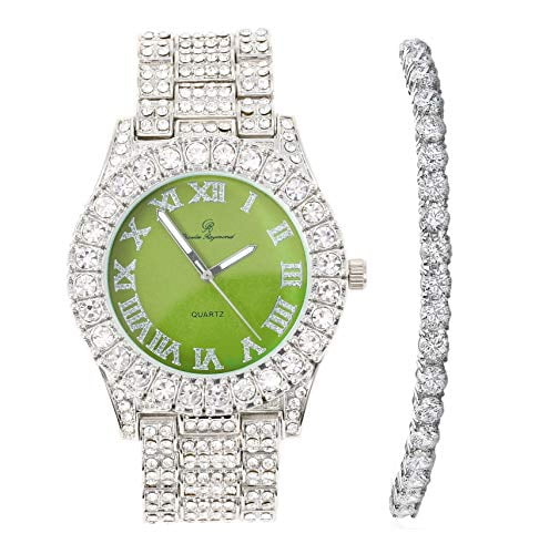 Women's Big Rocks Bezel Colored Dial with Roman Numerals Fully Iced Out ...
