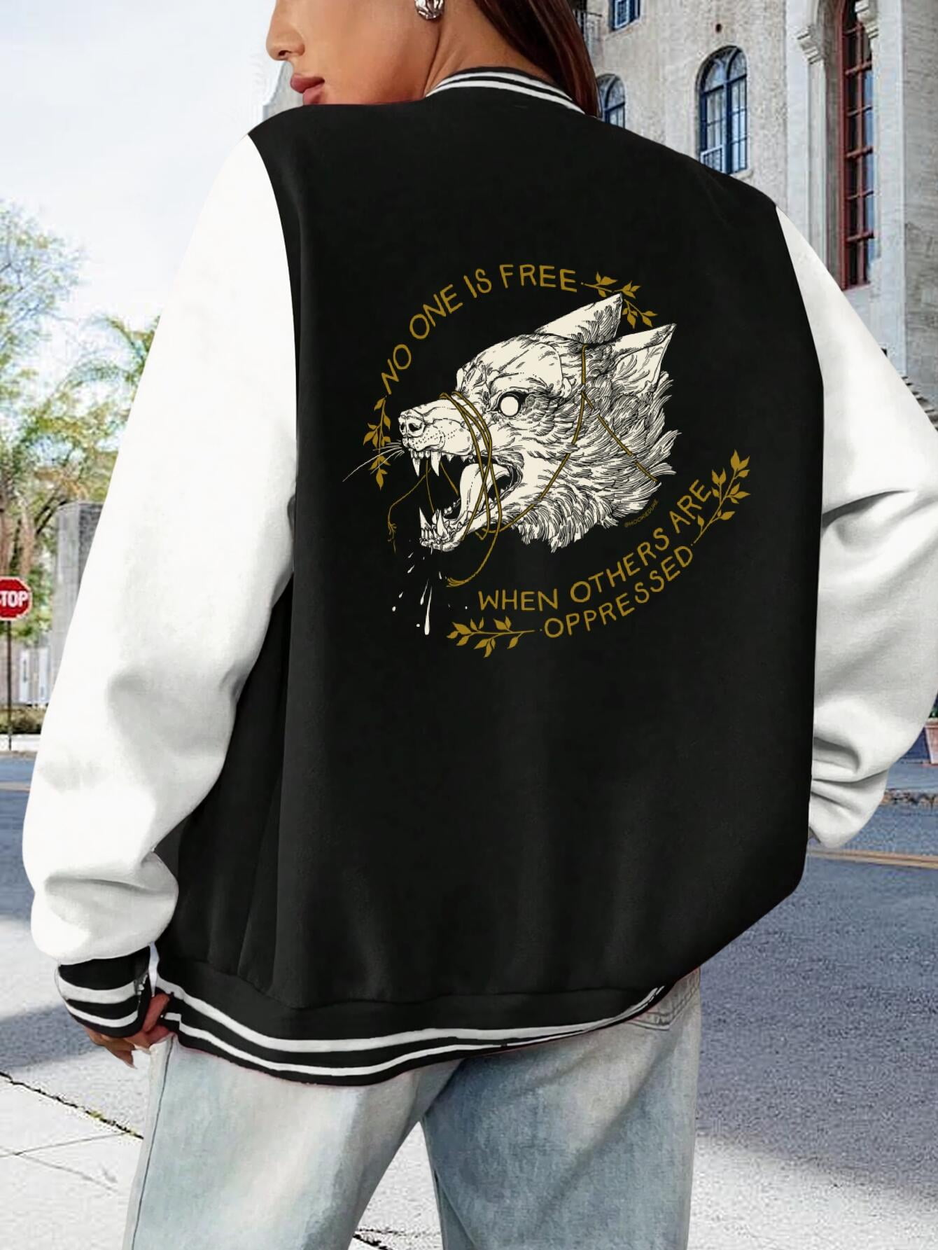 Women's Big Size Baseball Jacket With Snarling Wolf Art Print Fierce ...