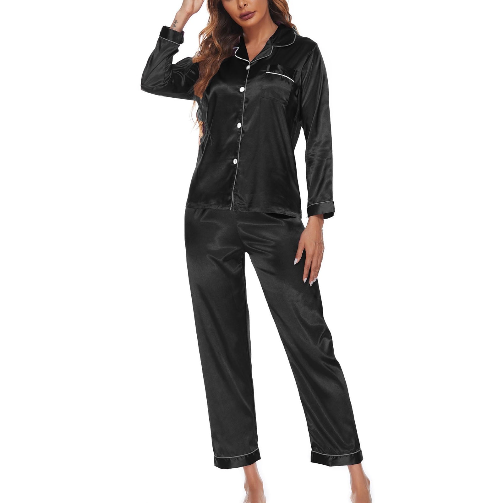 Women's Black 2-Piece Pajama Set with Long Sleeve Top and Pants in Soft ...