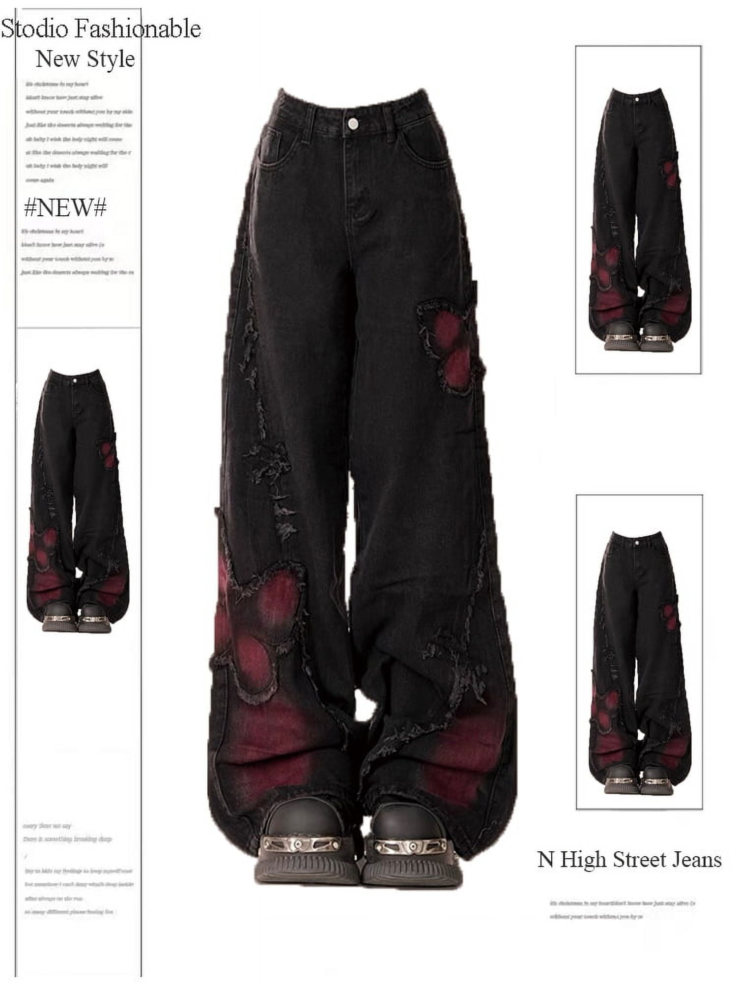 Women's Black Gothic Baggy Jeans Harajuku Y2k Aesthetic Butterfly Denim Trousers Korean Jean ...