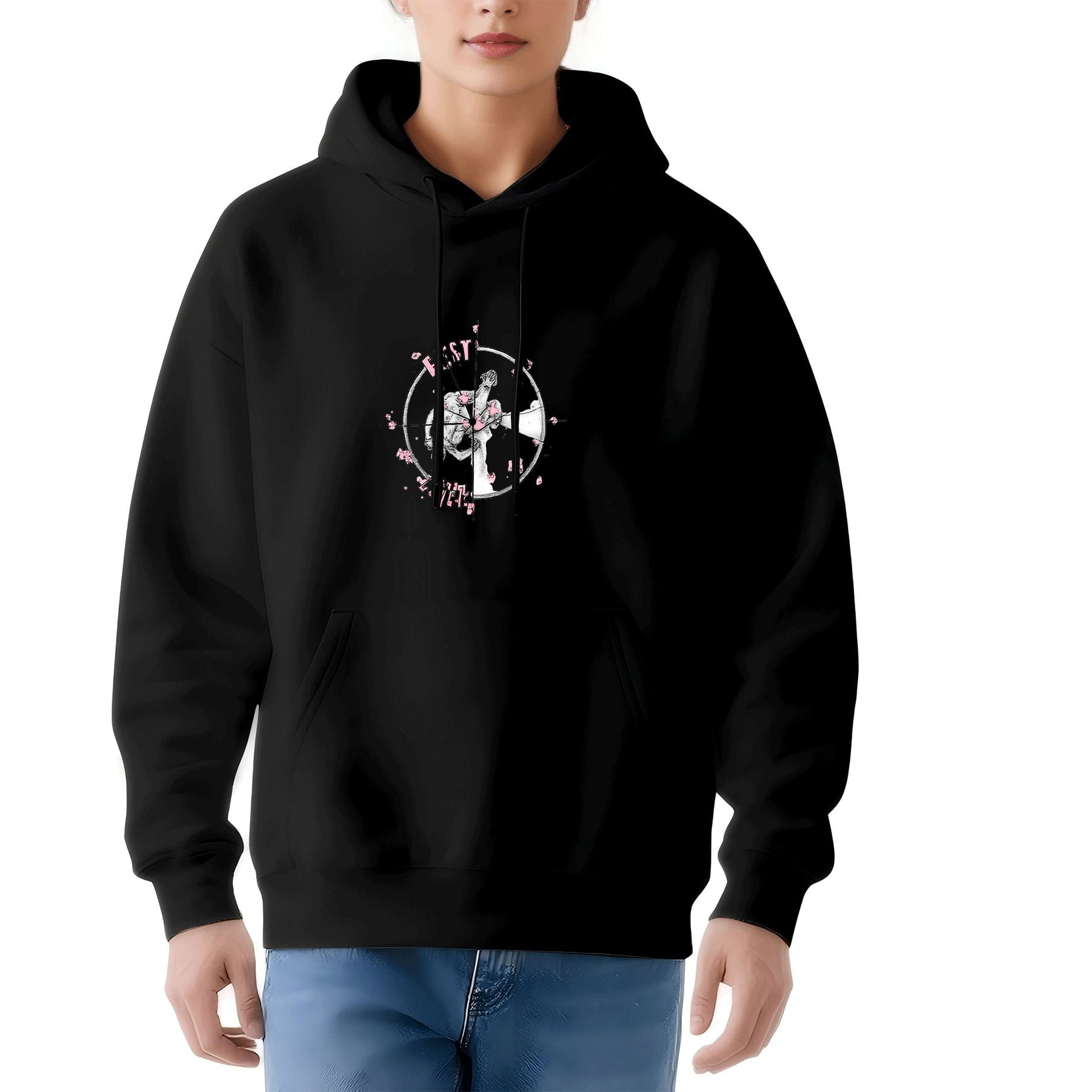 Women's Black Hoodie with Cartoon Character & Hearts Long Sleeve ...