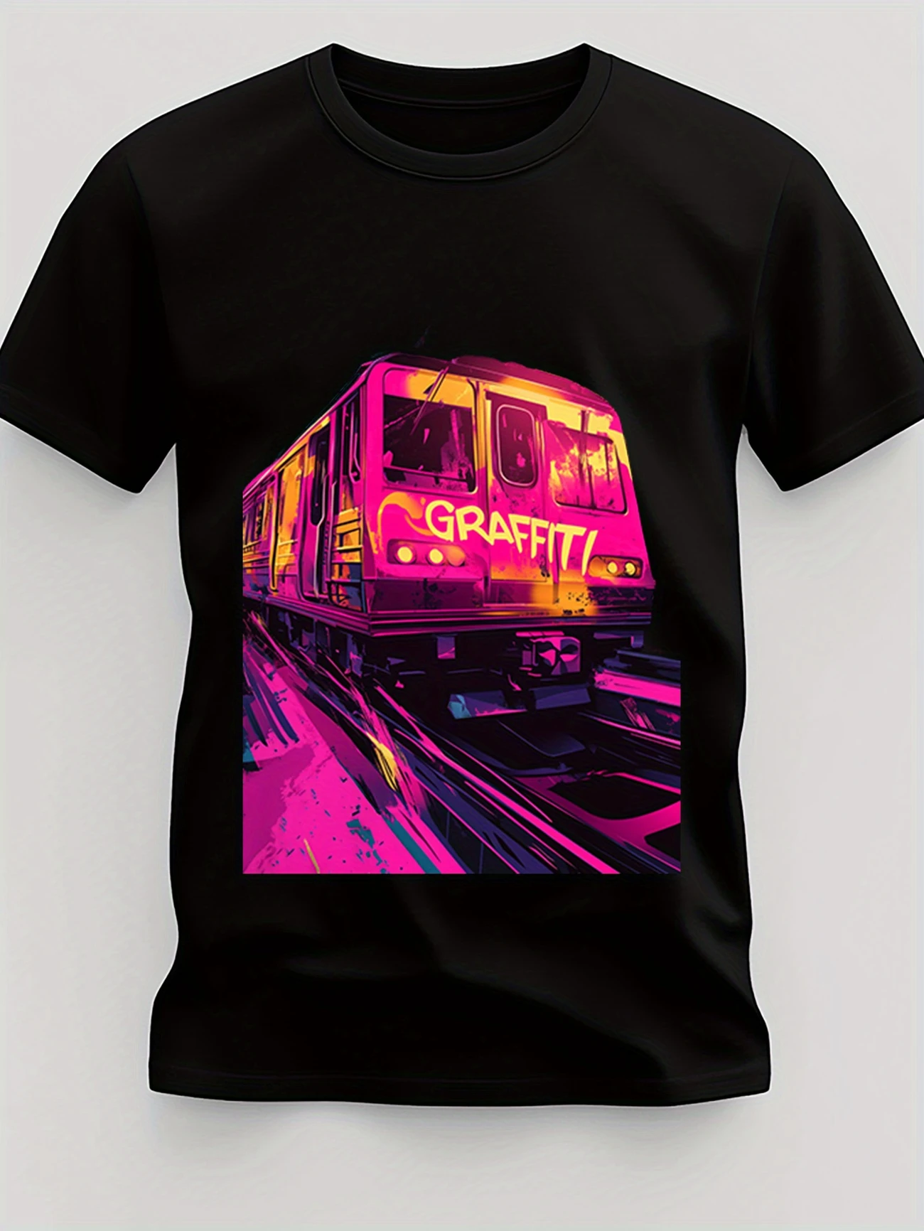 Women's Black Short Sleeve Crew Neck T-Shirt - Neon Graffiti Train Graphic Street Art Design ...