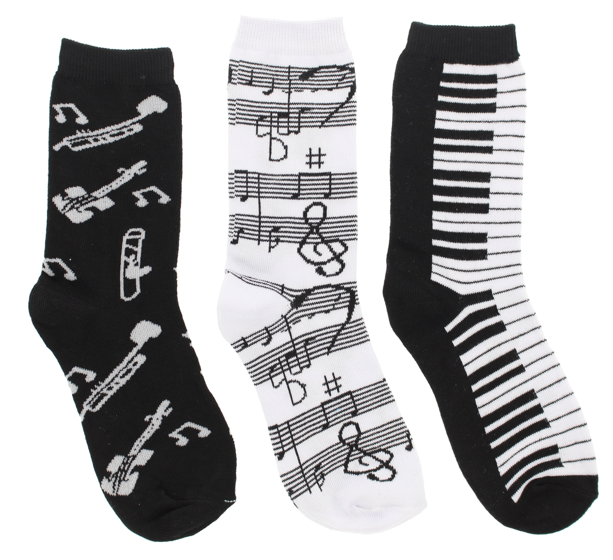 Women's Black White Music Notes, Piano Keys, Instruments Crew Socks ...