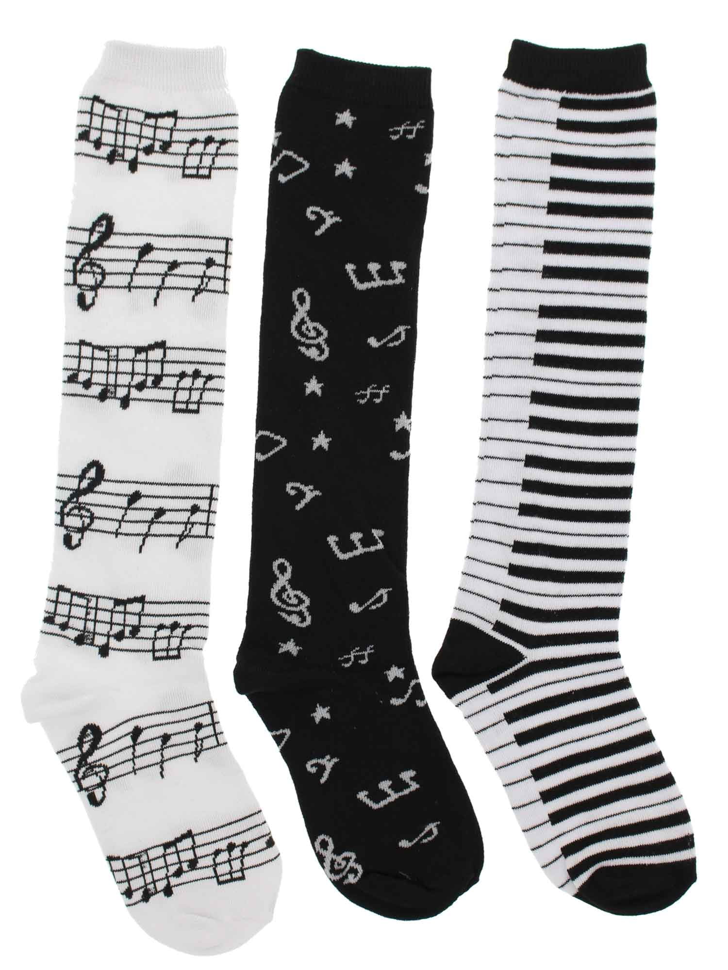 Women's Black White Music Notes, Piano Keys, Instruments Knee High ...