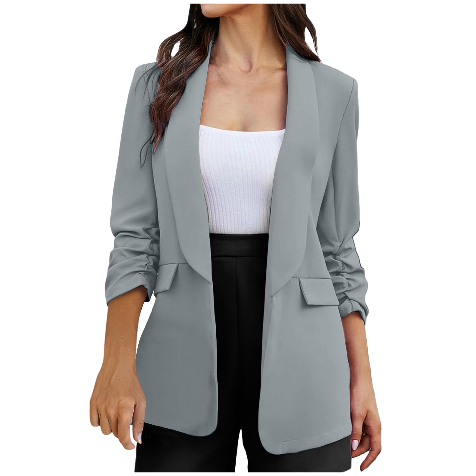 Women's Blazer Business Jacket with Pockets Ruched Long Sleeve ...