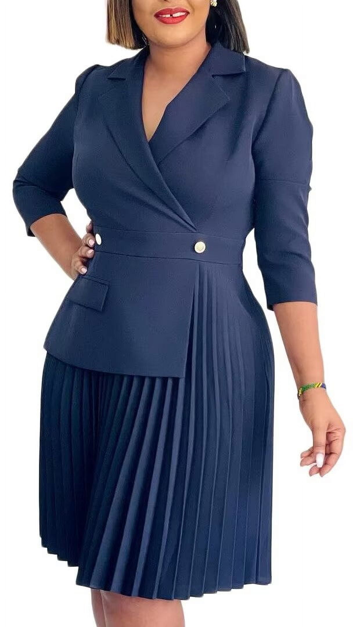 Women's Blazer Dress Office Midi Length Pleated Dresses Casual Office ...