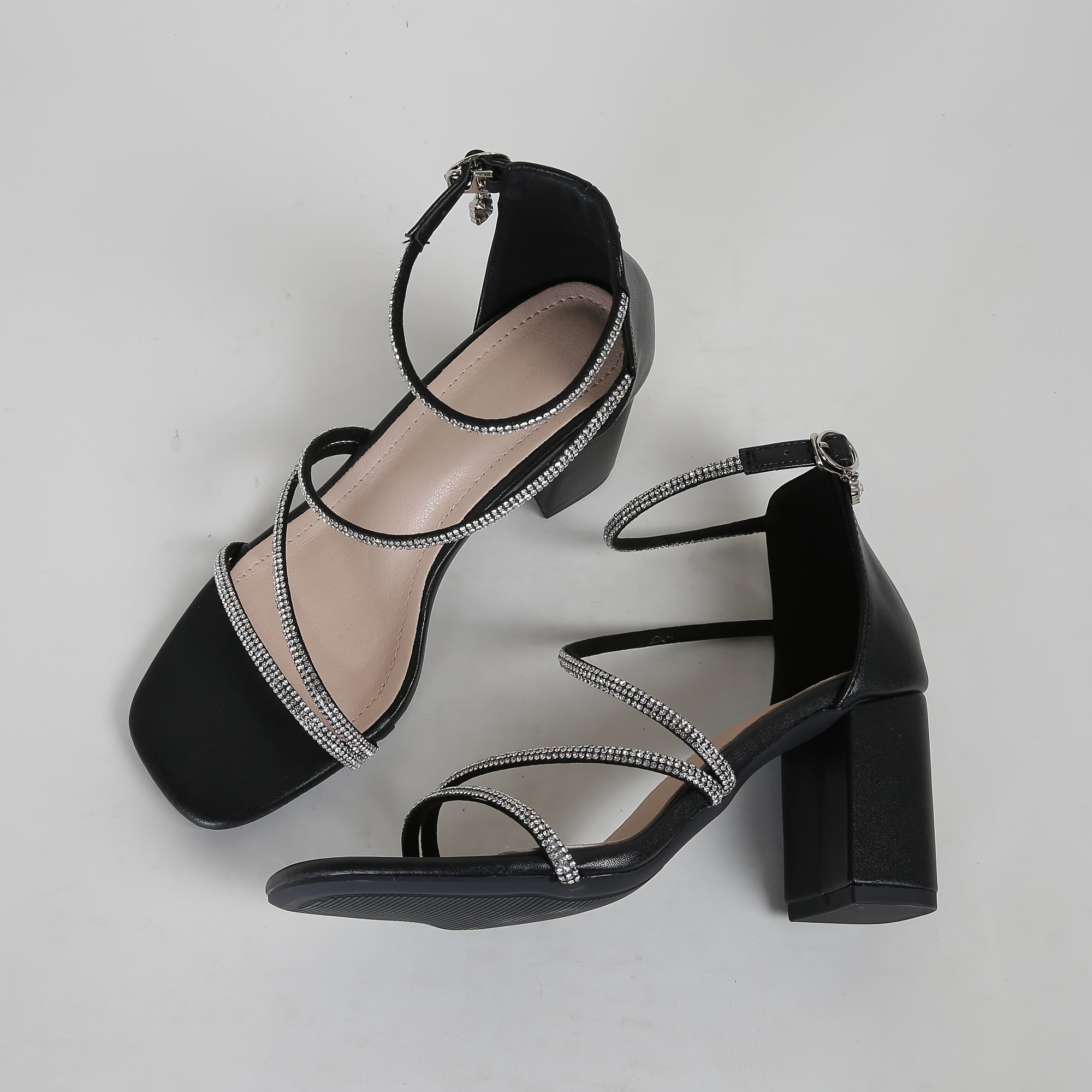 Women's Block Heeled Sandals, Rhinestone Square Toe Ankle Strap Heels, Banquet & Wedding Dress ...