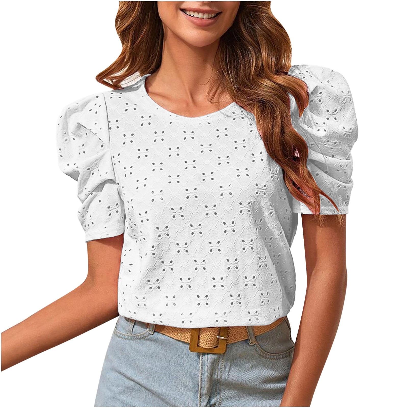 Women's Blouses 2024 Elegent Dressy Plain Eyelet Party Tops Fitted ...