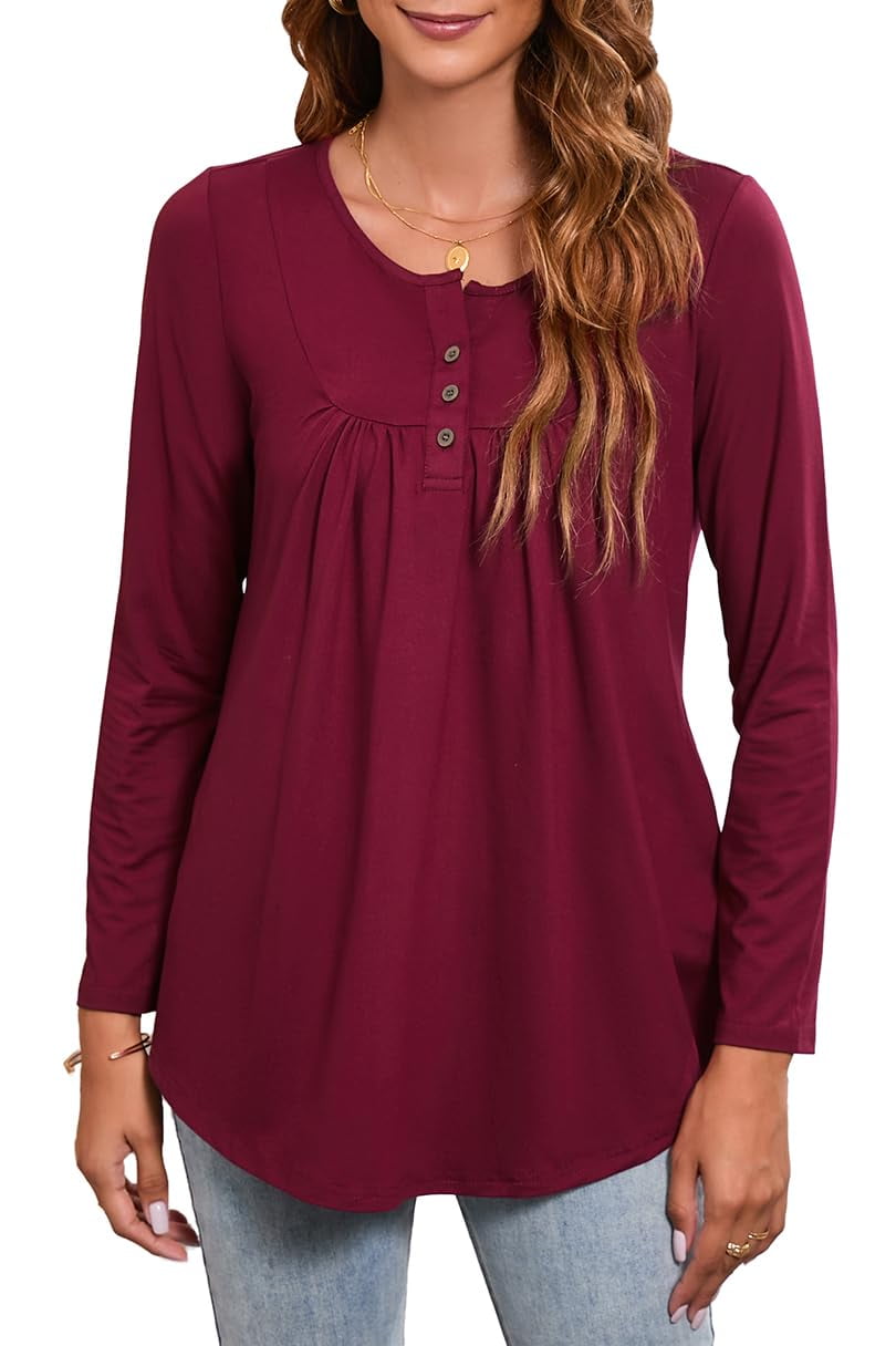 Henley Blouses for Women Plus Size Long Sleeve Swing Button Down Tunics ...