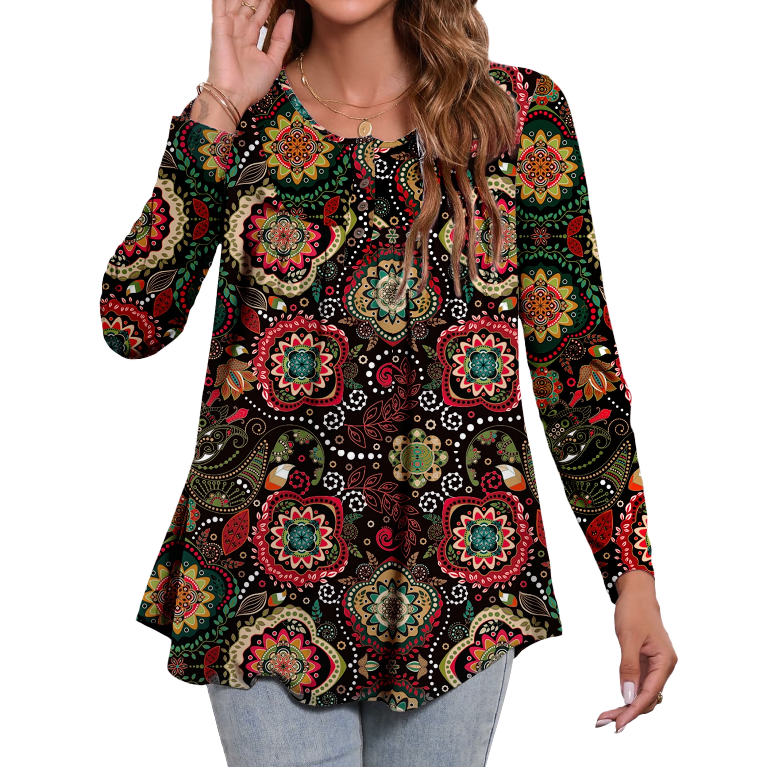 Women Long Sleeve Blouses Plus Size Crew Neck Button Down Tunic Tops ...