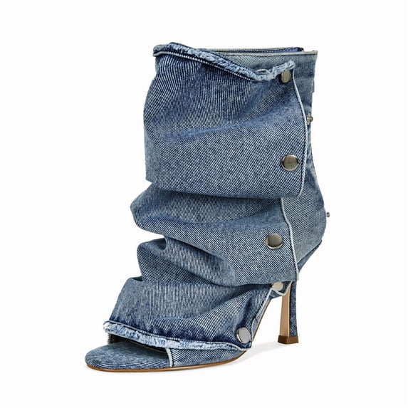 Women's Blue Denim Open Toe Slouchy Stiletto High Heel Ankle Boots Snap ...