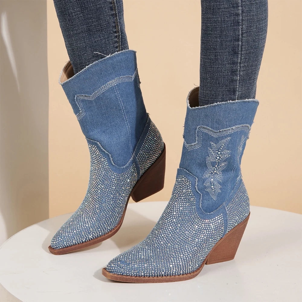 Women's Blue Denim Rhinestone Mid-calf Western Cowboy Boots Metal ...