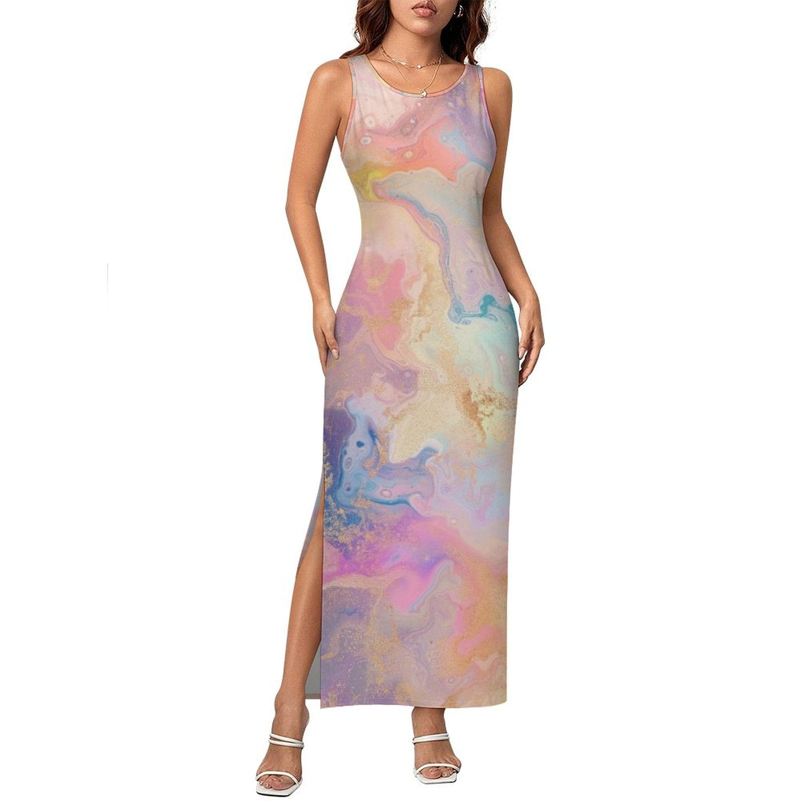 Women's Bodycon Maxi Dress Pastel Abstract Art Sleeveless Tank Dress ...