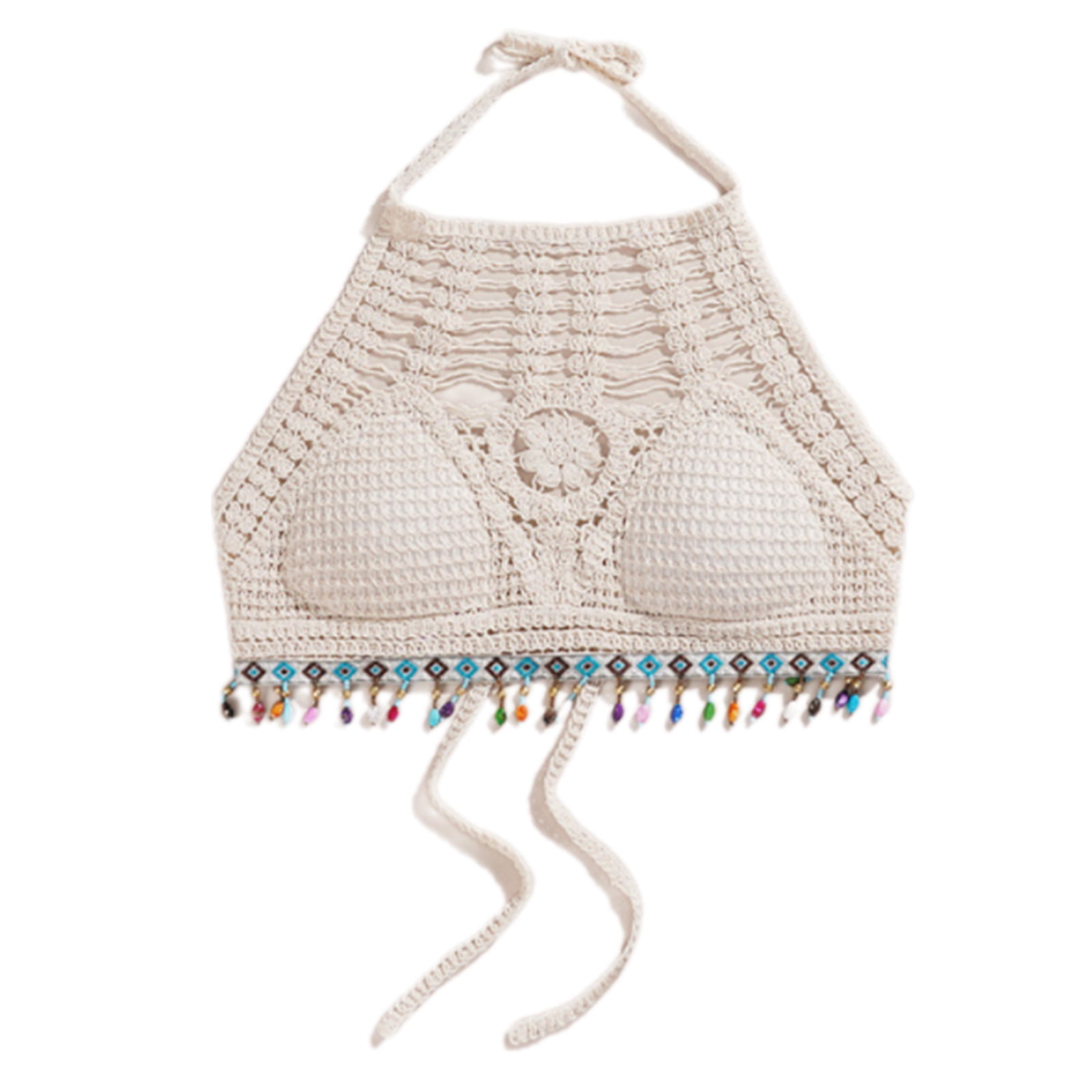 Women's Bohemian Hollowout Crochet Knit Halterneck Crop Top with Tie ...