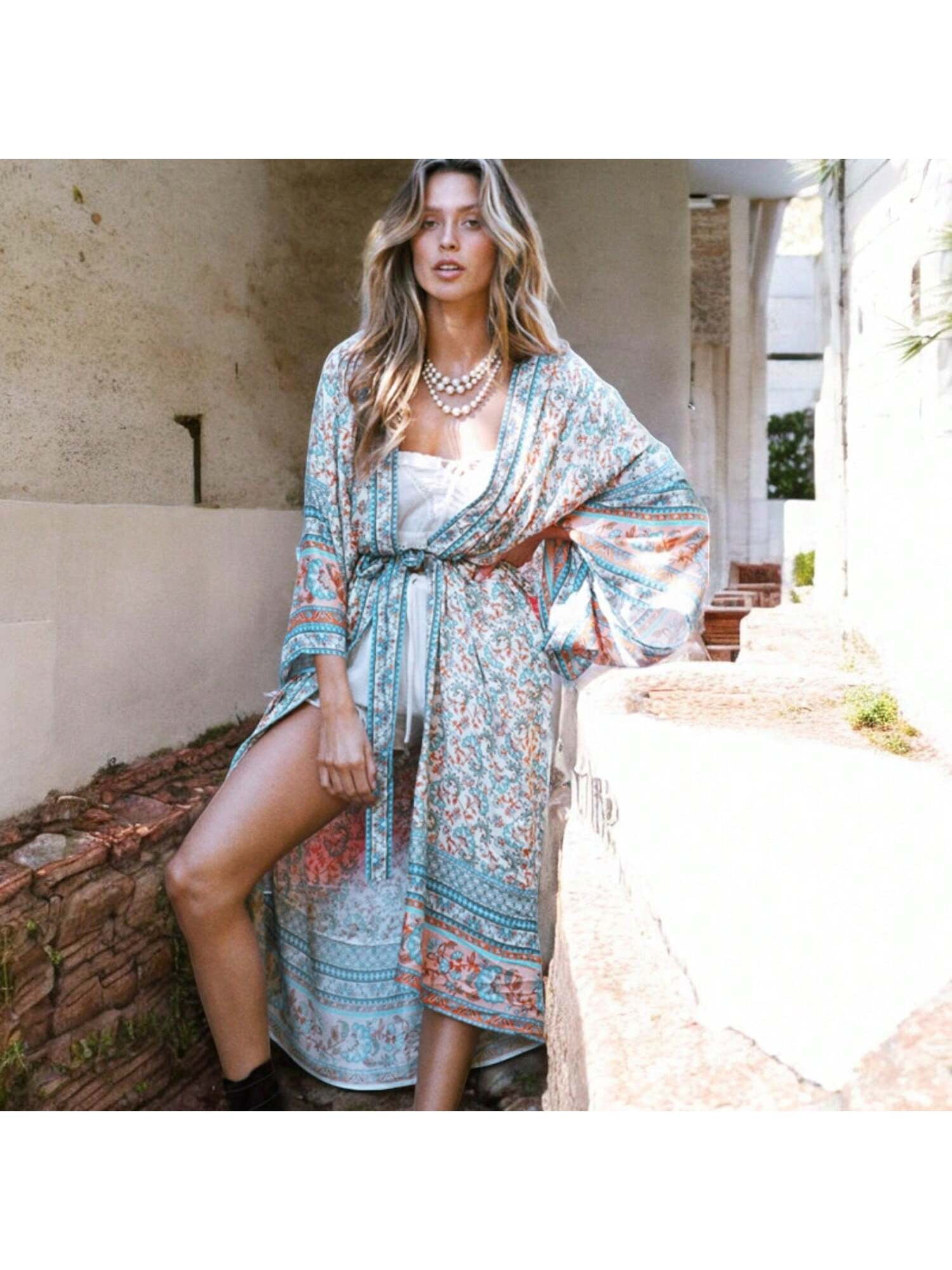 Women's Bohemian Long DusterCover-Up With Floral Paisley Print And Wide ...
