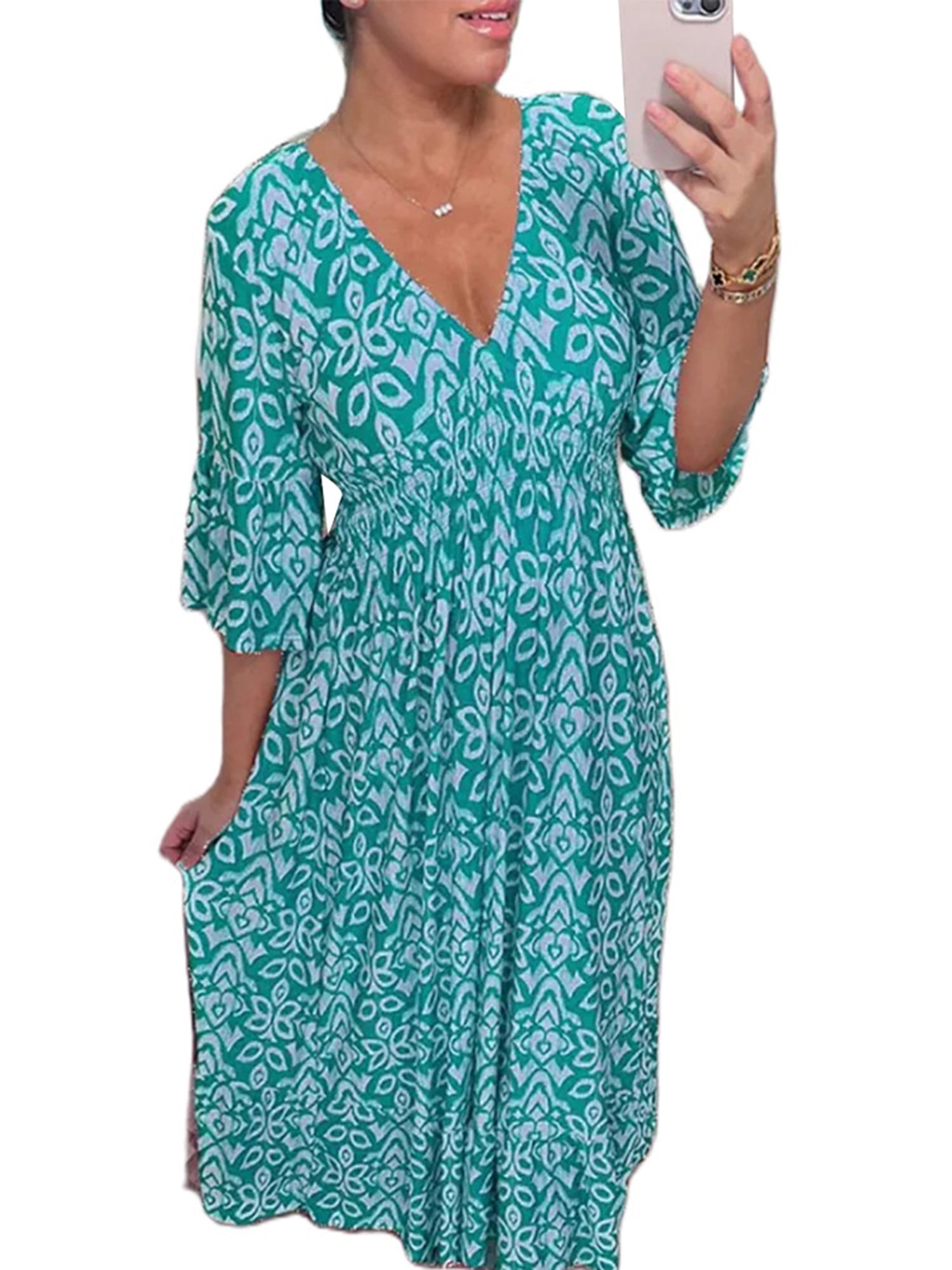 Women's Bohemian Midi Dress Floral Print Half Sleeve V Neck Dress ...