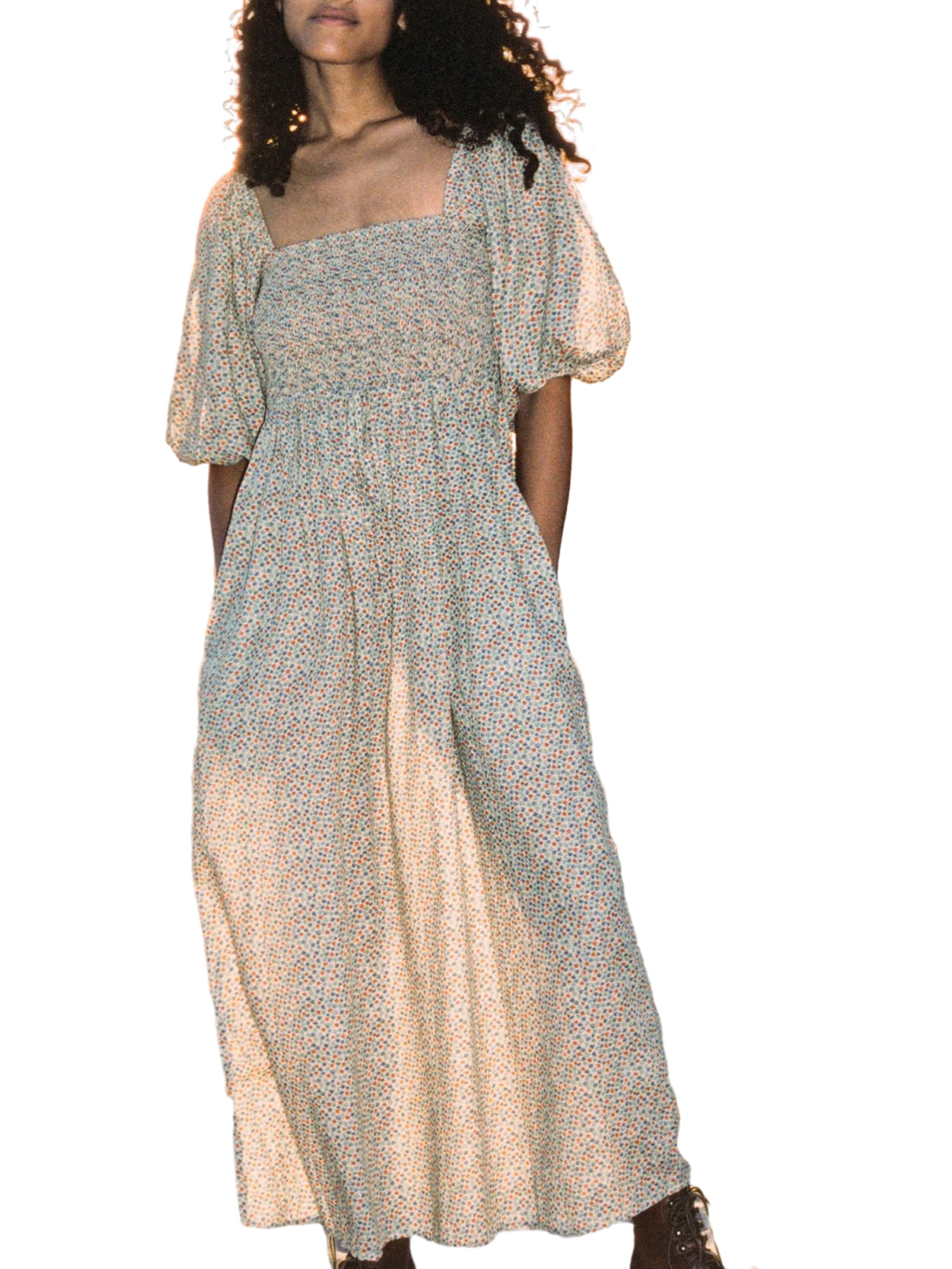 Women's Bohemian Summer Flower Square Neck Puff Sleeve Ruffle Flowy ...