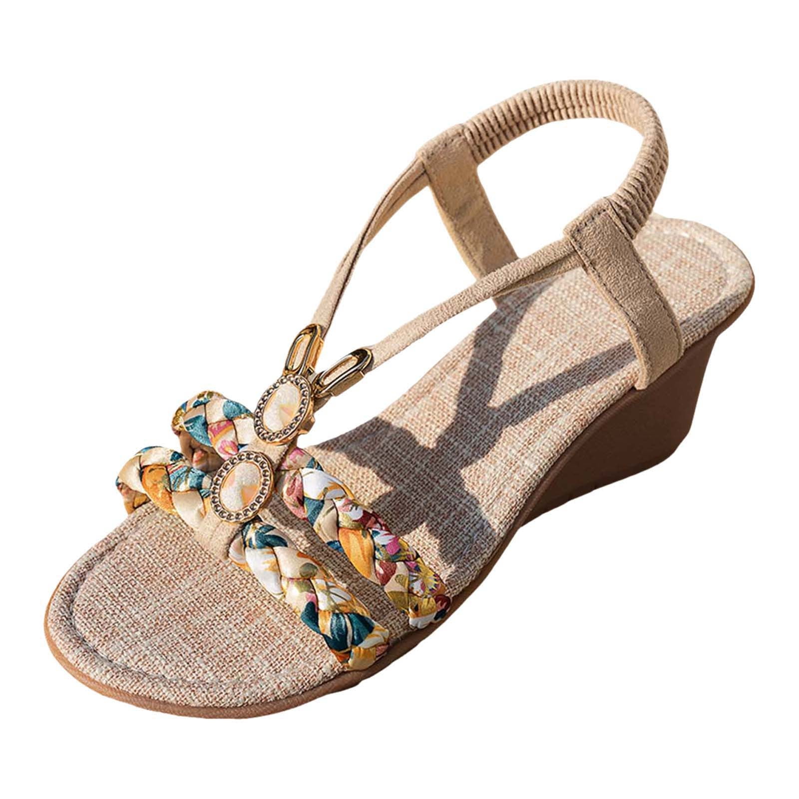 Women's Bohemian Wedge Sandals Orthopedic Ankle Strap Open Toe Jeweled ...