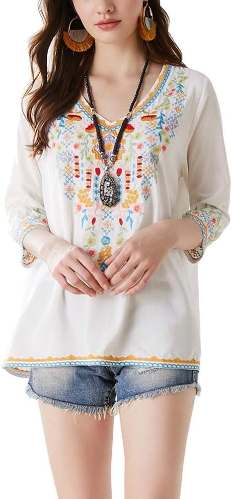 Women's Boho Embroidered Peasant Tops 3/4 Sleeve V Neck Mexican ...