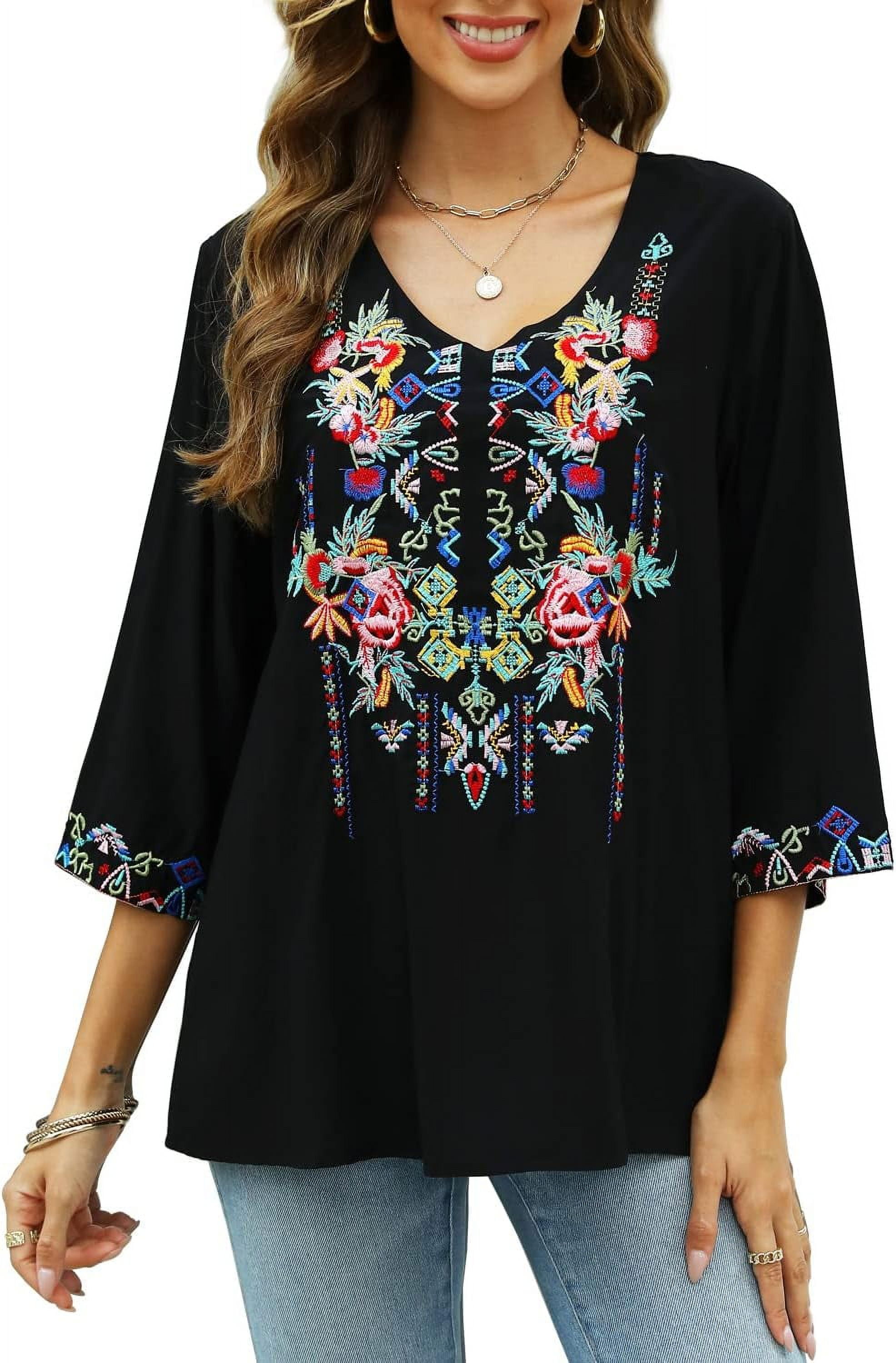 Women's Boho Embroidered Tops 3/4 Sleeve Mexican Peasant Shirts ...