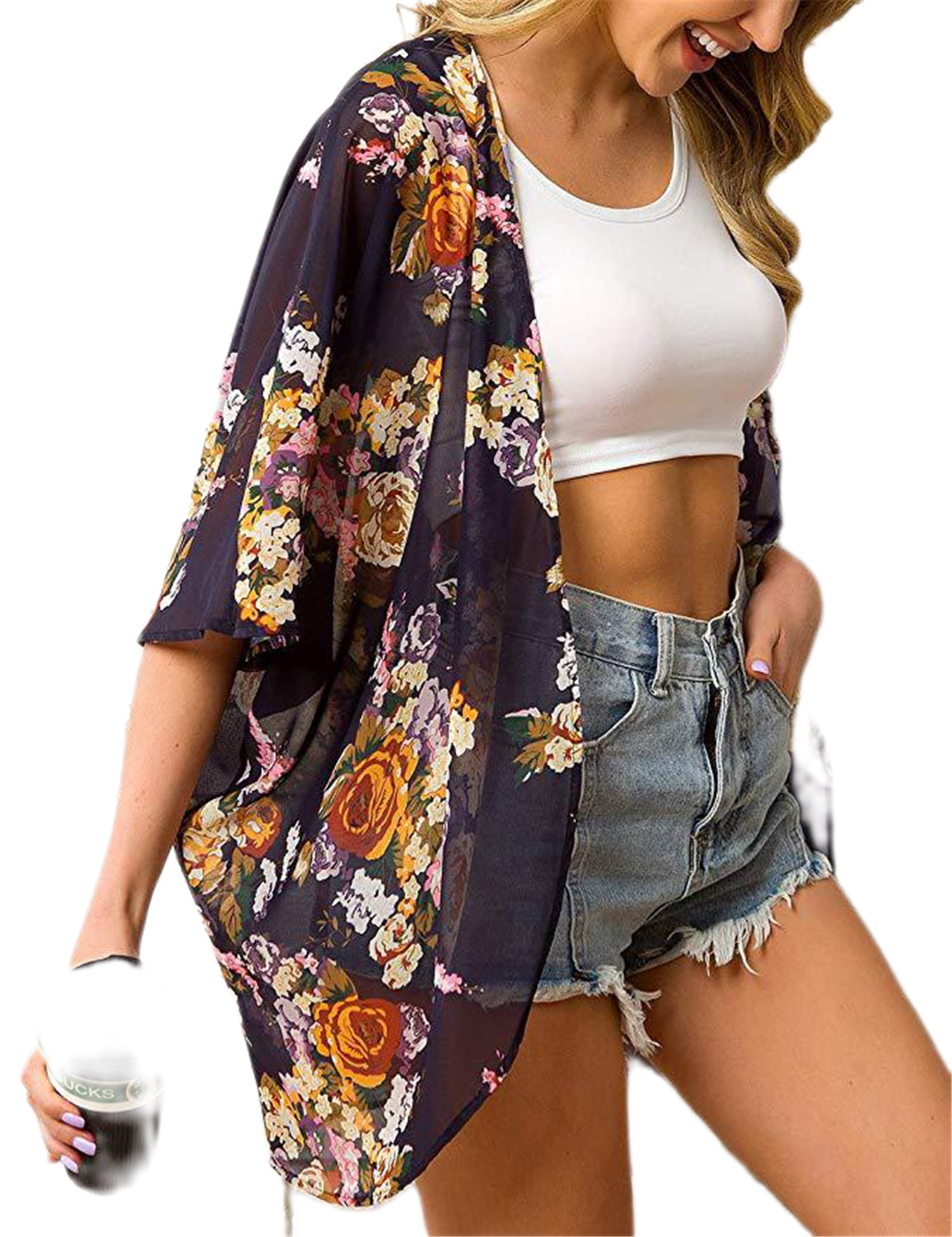 Women's Boho Floral Chiffon Kimono Cardigan Tops Batwing Sleeve ...