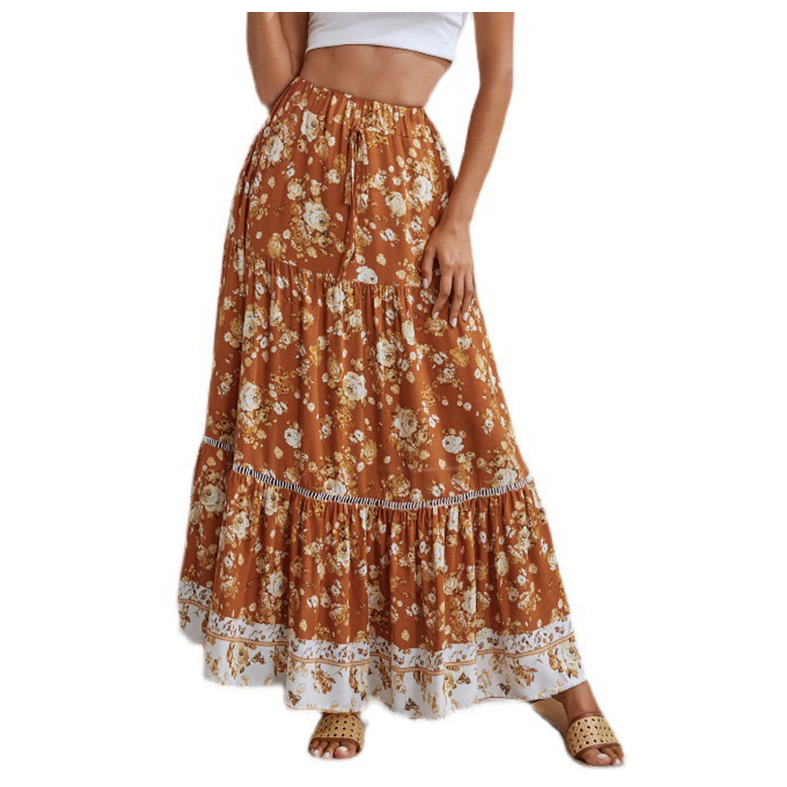 Women's Boho Floral Print Maxi Skirt Elastic High Waist Tiered Skirt ...