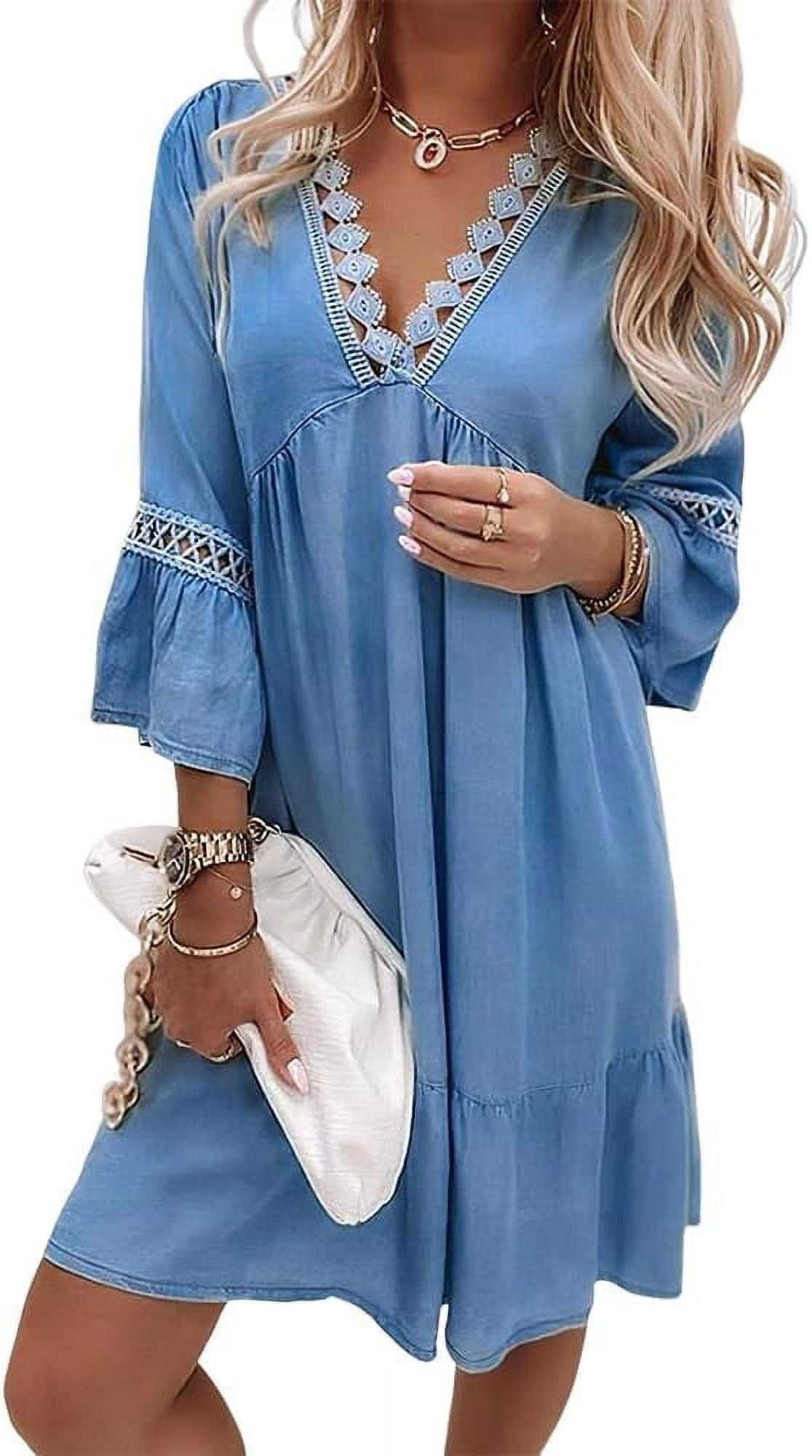 Women's Boho Floral Printed Lace Dress Loose V Neck 3/4 Sleeve Mini ...