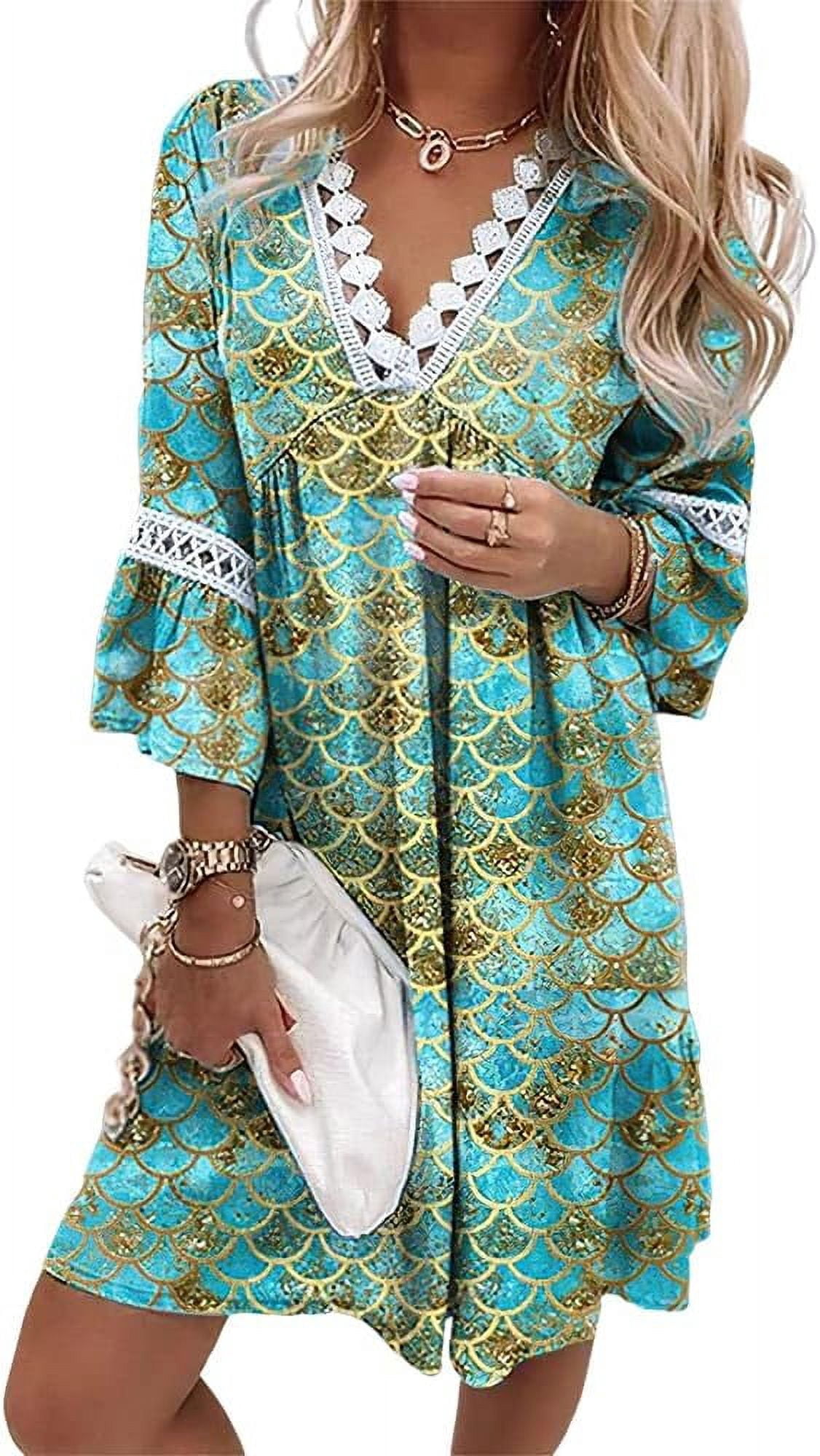 Women's Boho Floral Printed Lace Dress Loose V Neck 3/4 Sleeve Mini ...