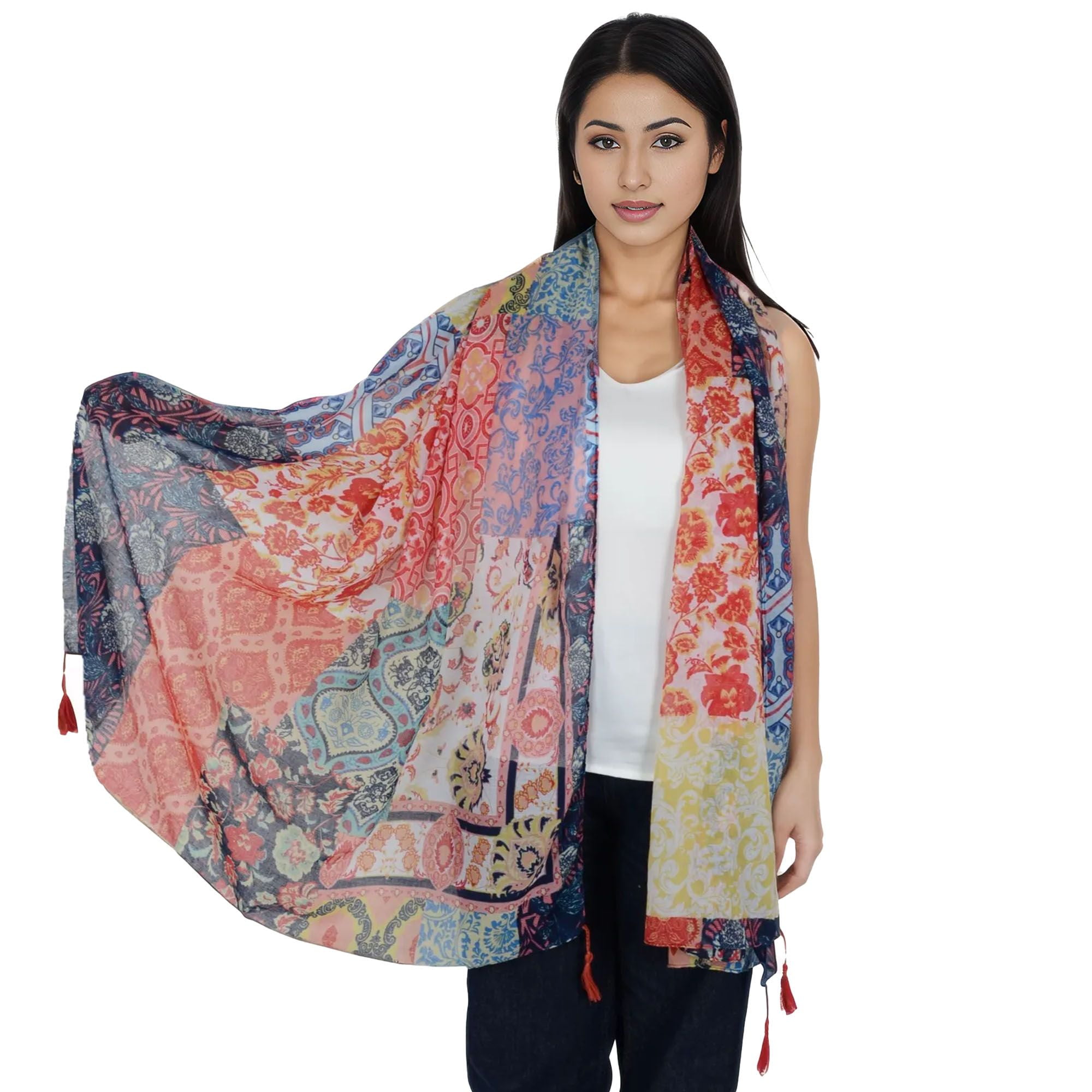 Women's Boho Floral Printed Scarf Fashion Fringed Colorful Shawl Wrap ...