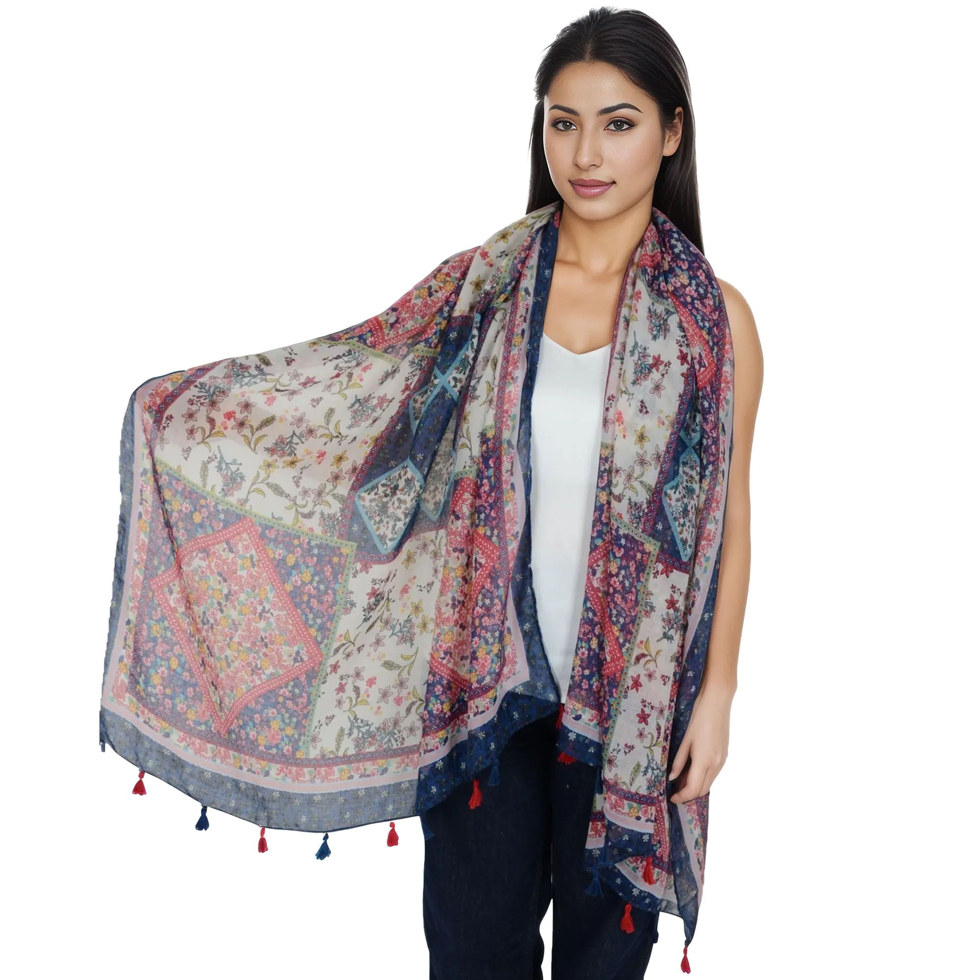 Women's Boho Floral Printed Scarf Fashion Fringed Colorful Shawl Wrap ...