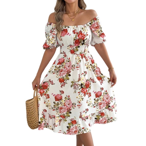 Women‘s Boho Floral Summer Midi Dress Puff Sleeve Square Neck A Line ...