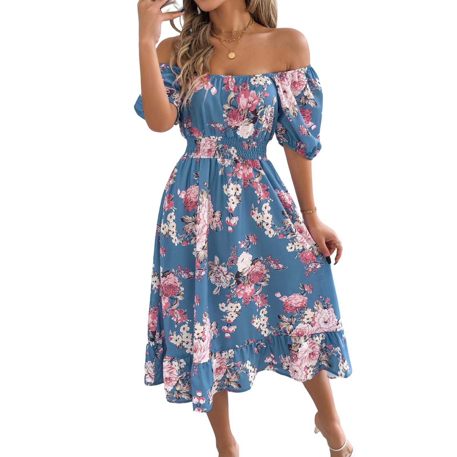 Women‘s Boho Floral Summer Midi Dress Puff Sleeve Square Neck A Line ...