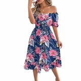 Women‘s Boho Floral Summer Midi Dress Puff Sleeve Square Neck A Line ...