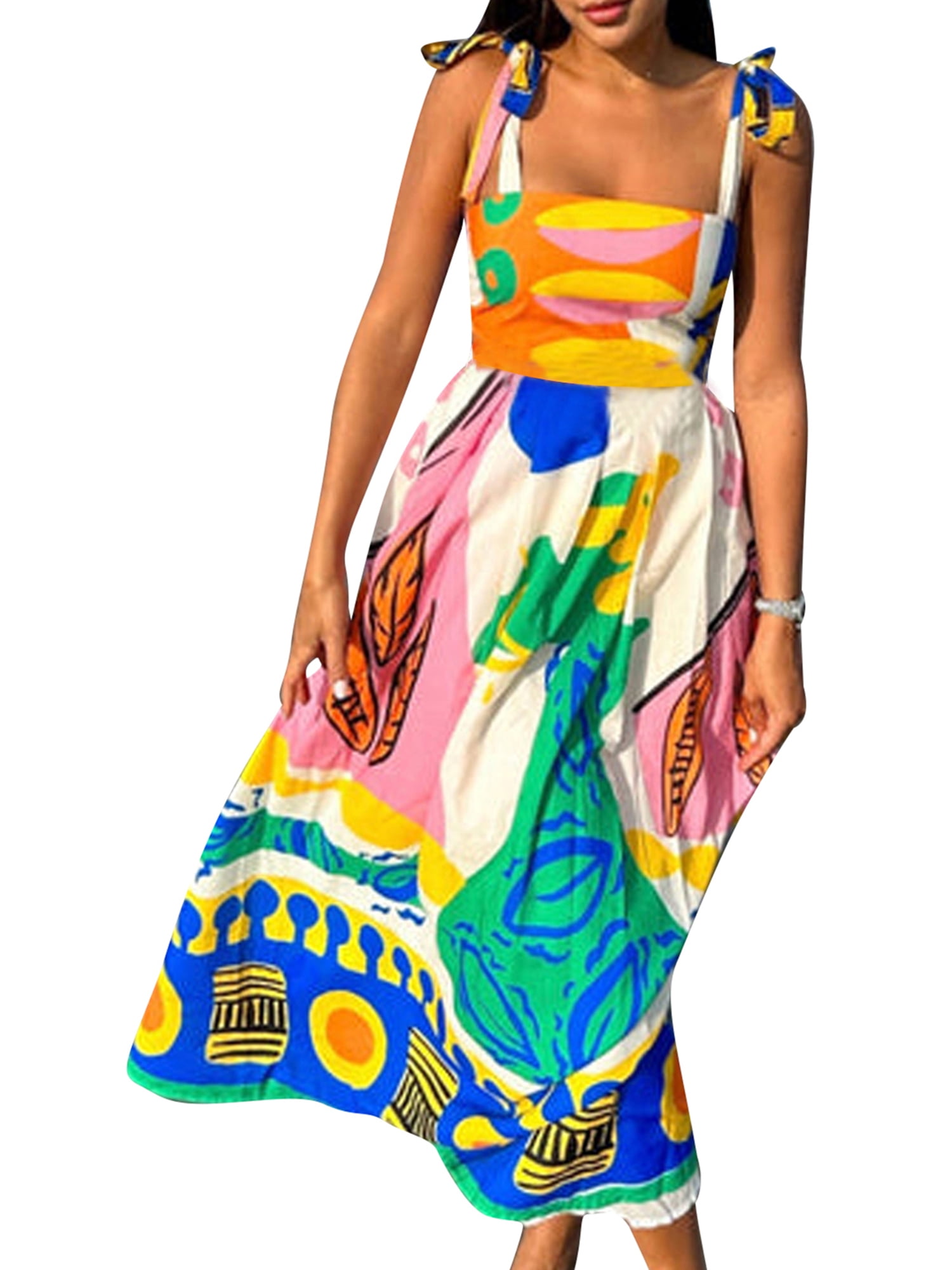 Women's Boho Long Dress Summer Tie Shoulder Strap Square Neck Flowy ...