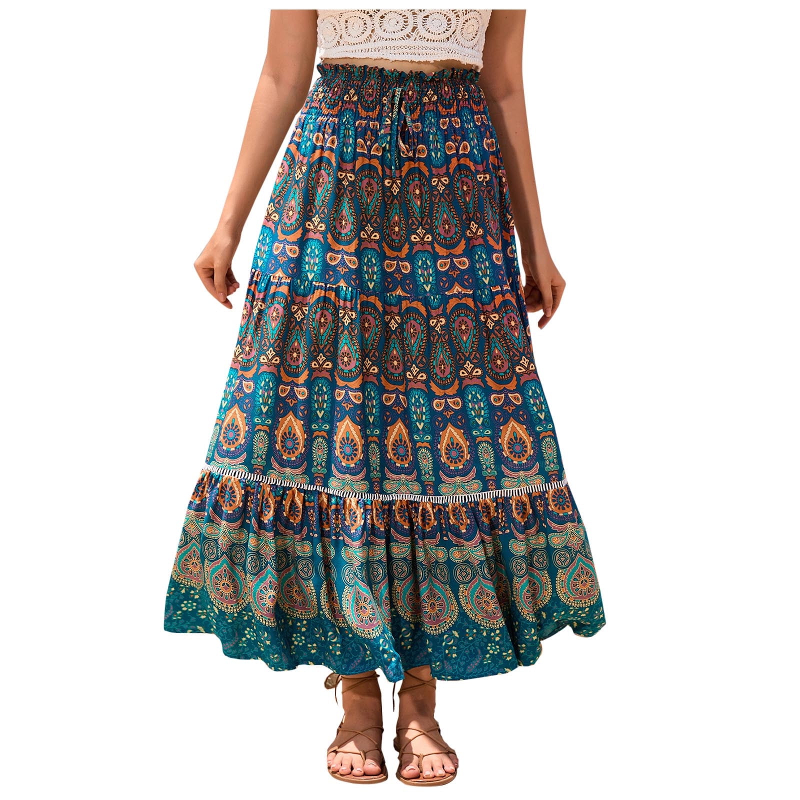 Women's Boho Maxi Skirt Reteo Print Elastic High Waist Skirt Summer A ...