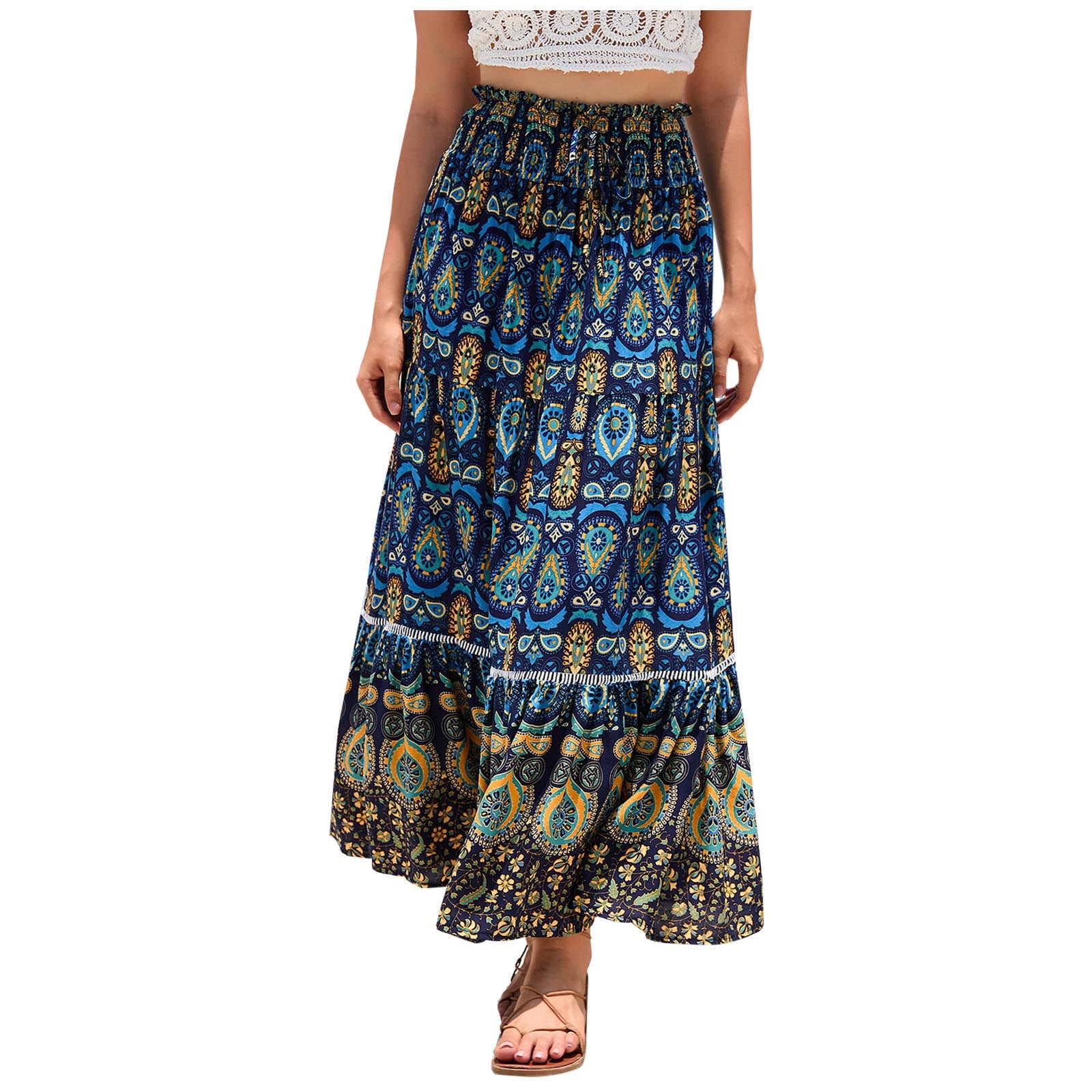 Women's Boho Maxi Skirt Reteo Print Elastic High Waist Skirt Summer A ...