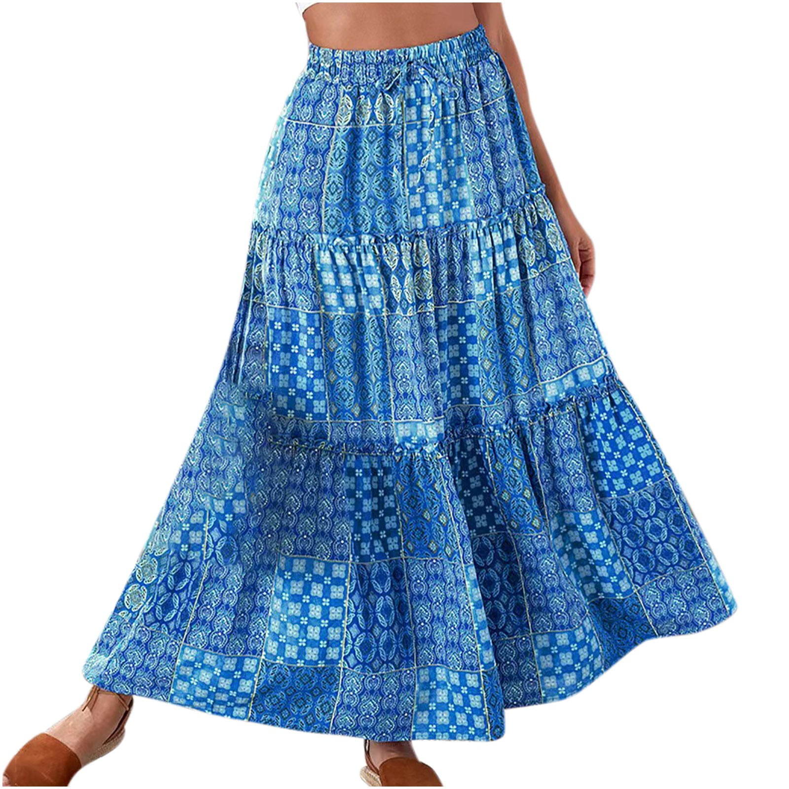 Women's Boho Maxi Skirts Elastic Waist Drawstring Tiered Skirt Summer A ...